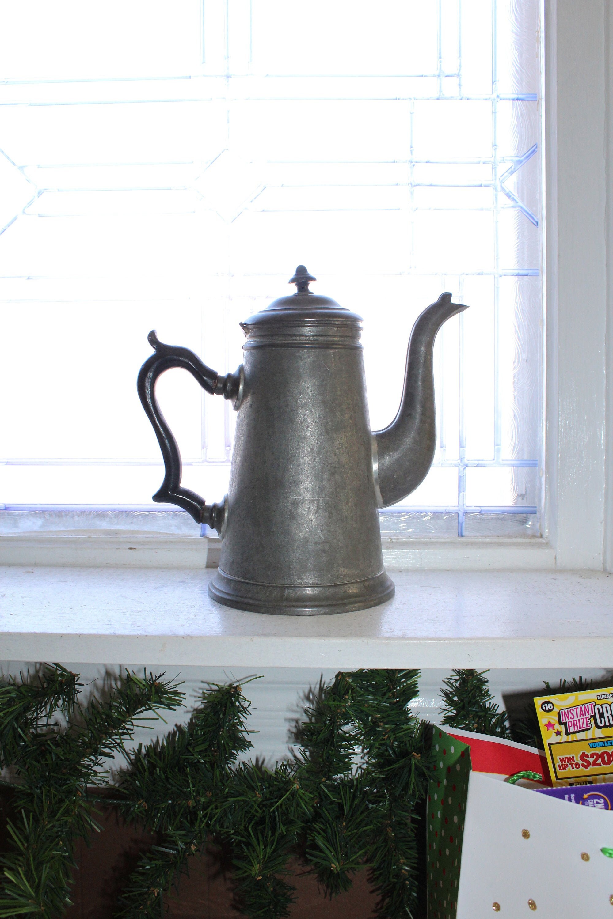Antique Coffee pot Tin with Black Wood Handle Rustic Farmhouse Decor