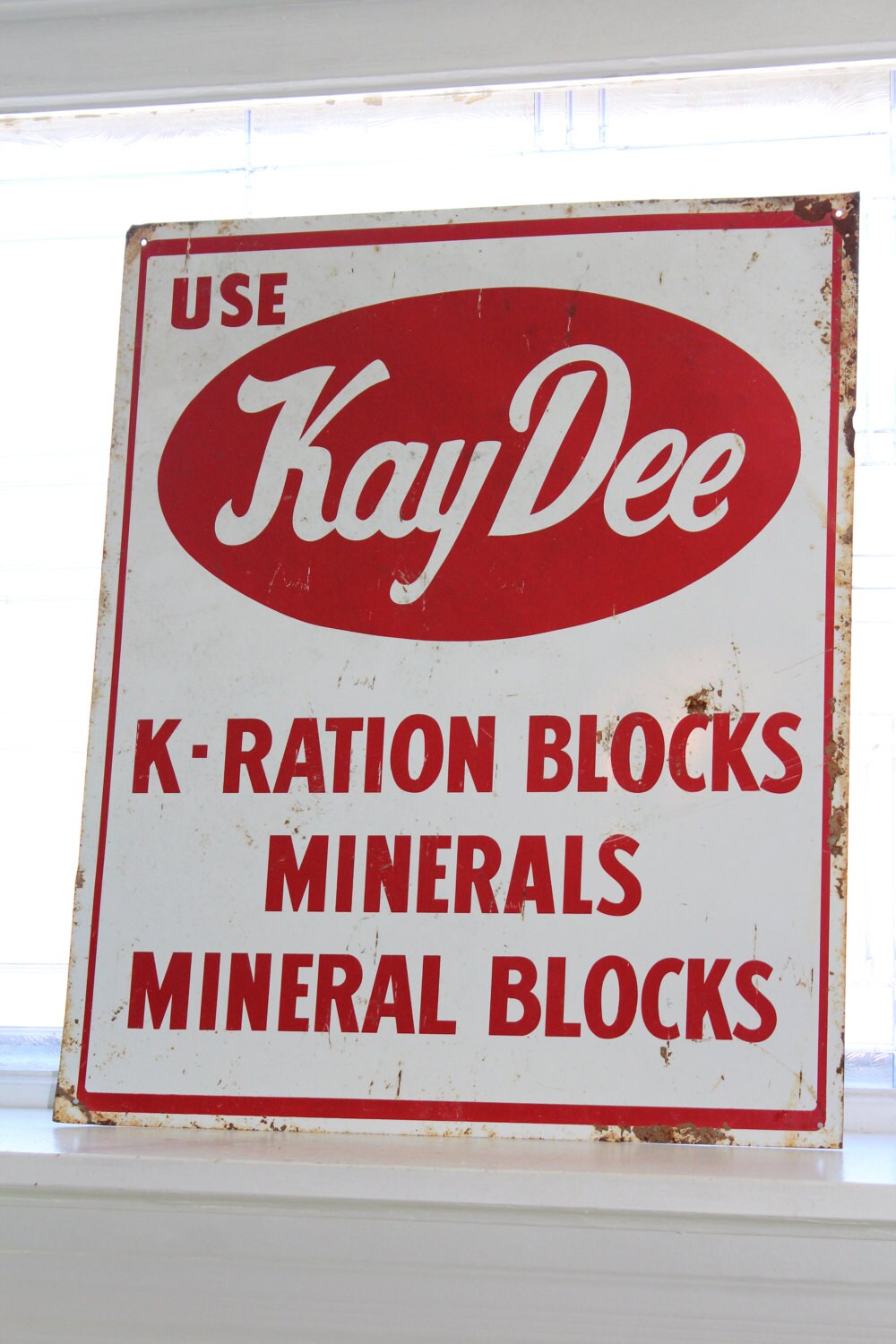 Vintage Tin Farm Sign Kay Dee K Ration Blocks Red and White