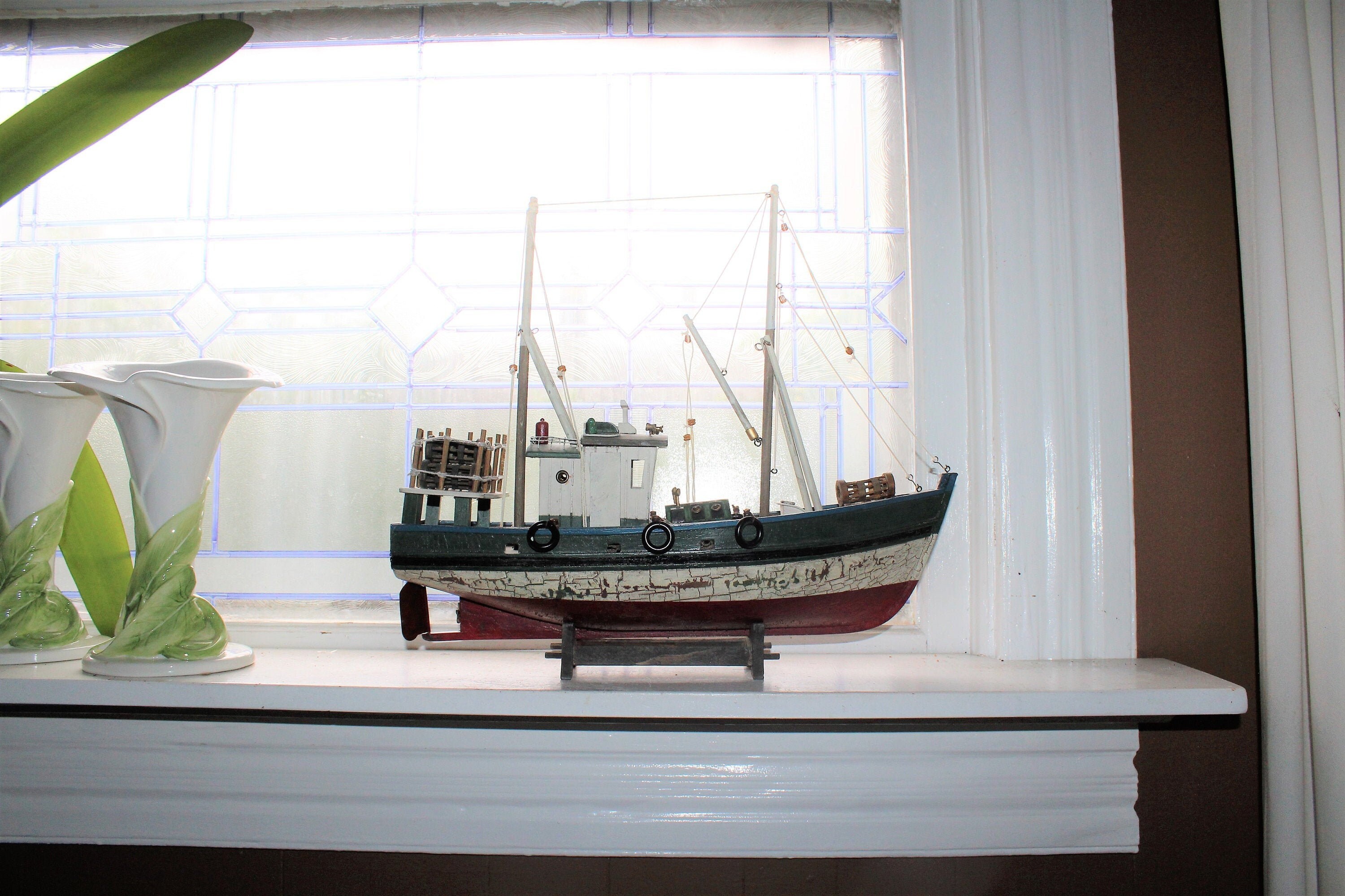 Large Vintage Model Ship Fishing Trawler 17 Inches Red White and Blue