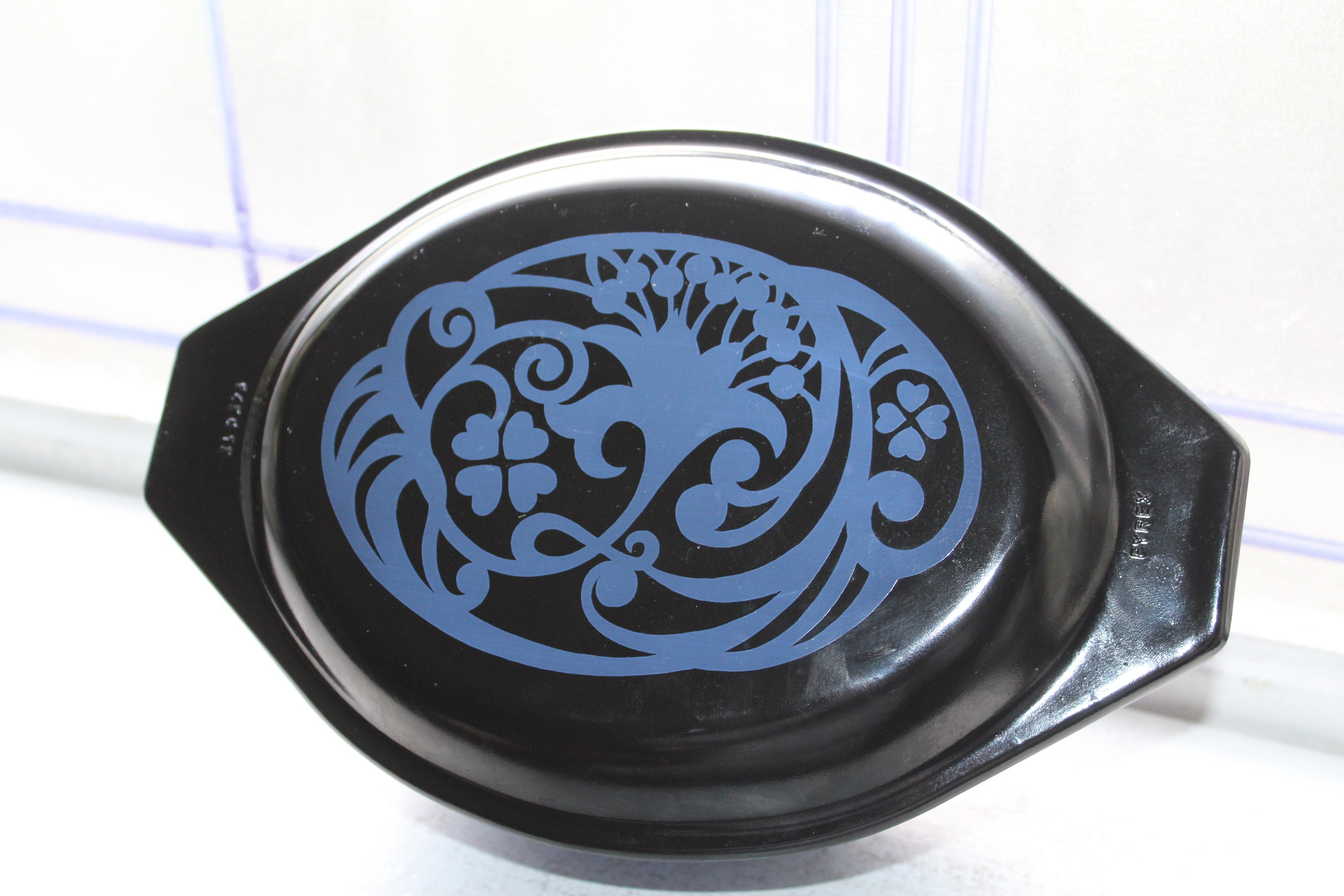 Pyrex Midnight Bloom Casserole with Lid Black and Blue Vintage 1970s