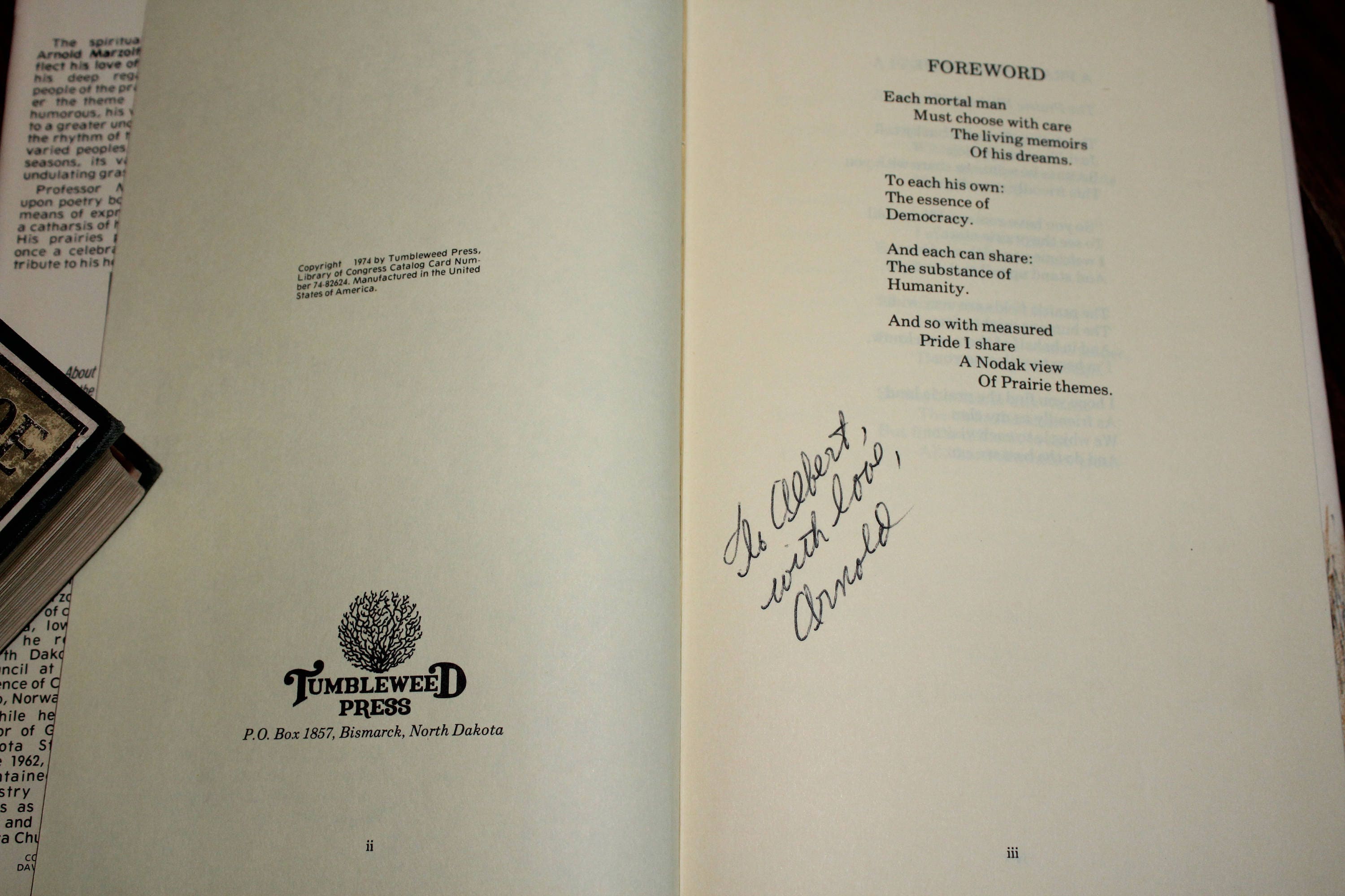 Prairie Poems by Arnold Marzolf Vintage 1974 Poetry Book Author Signed