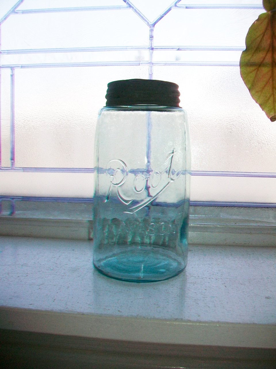 Blue Root Mason Jar Quart with Zinc Lid Antique 1900s