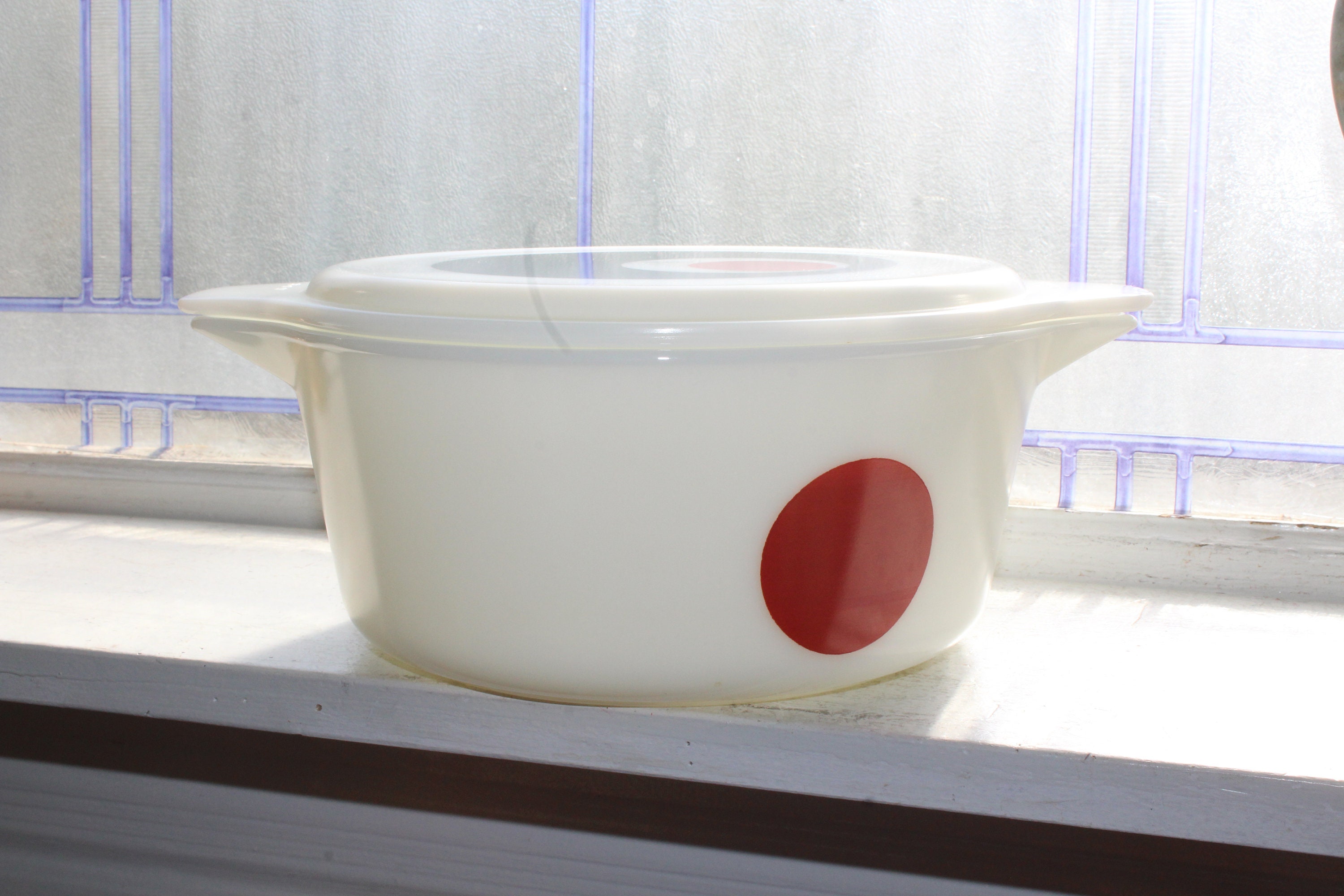 Pyrex Moon Deco Casserole with Lid Red White Black Vintage 1970s