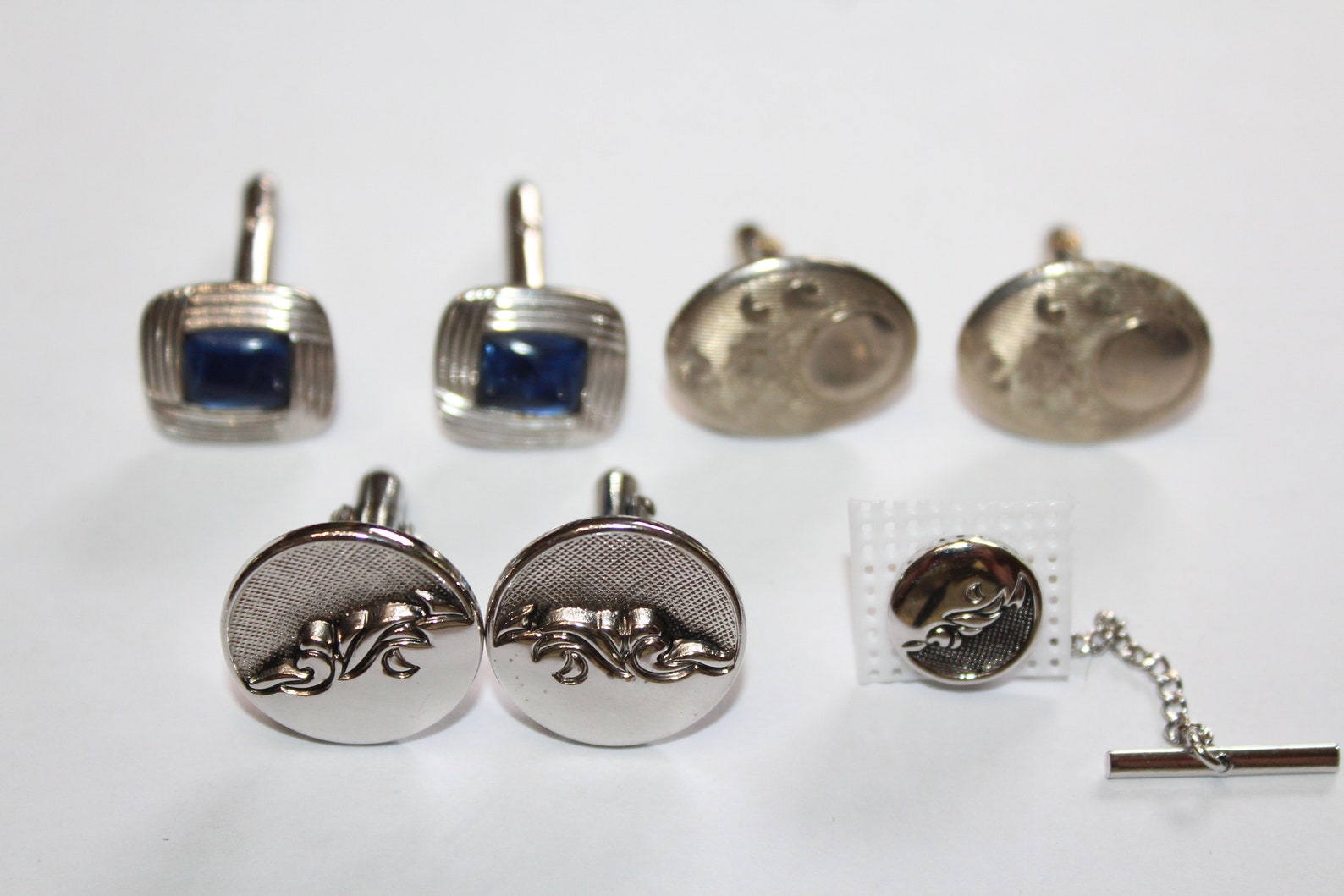 3 Pair Vintage Cuff Links & Tie Tack Silver Tone - Etsy