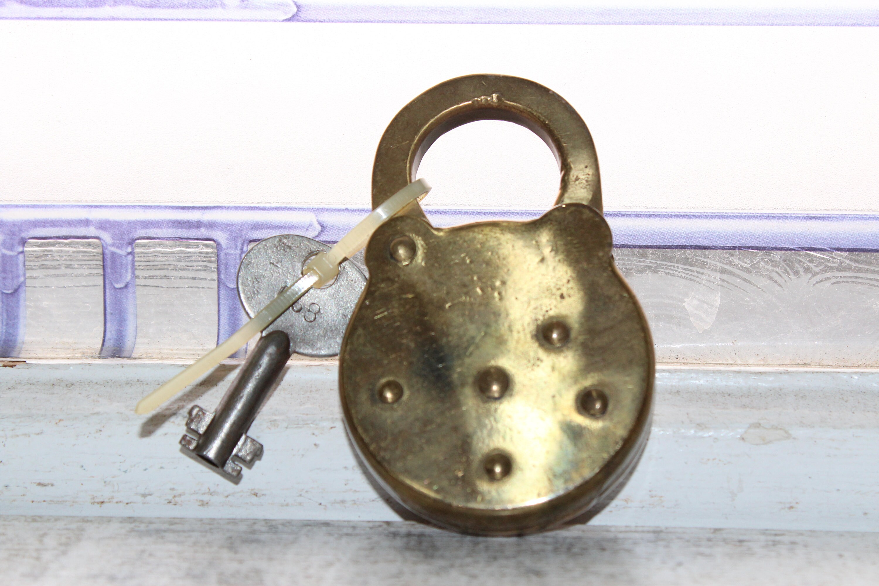Large Antique Brass Six Levers Lock Padlock with Original Key