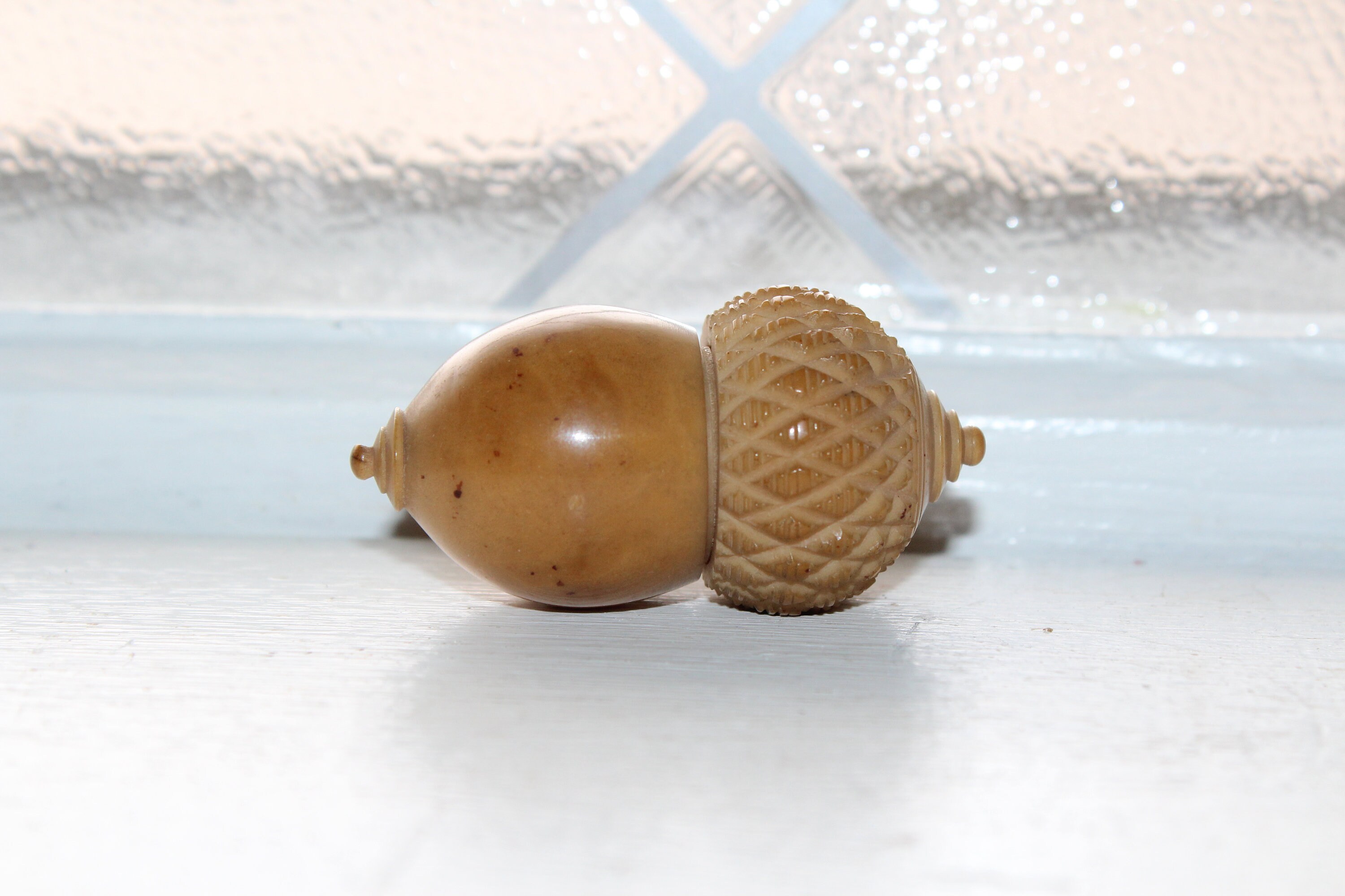 Antique Hand Carved Acorn Box with Carved Thimble