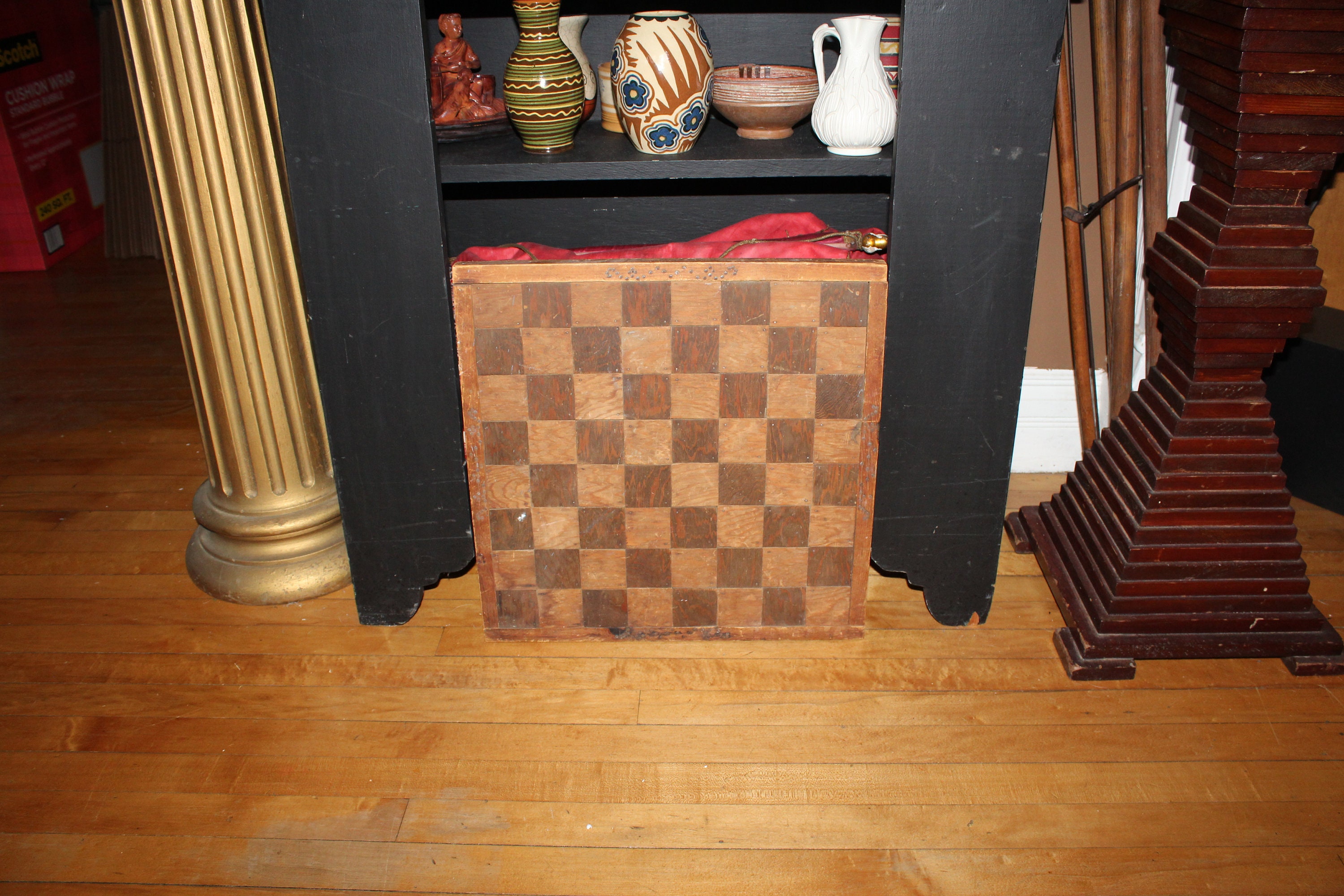 Primitive Wooden Checkers Game Board Handmade Vintage 1940s Marquetry