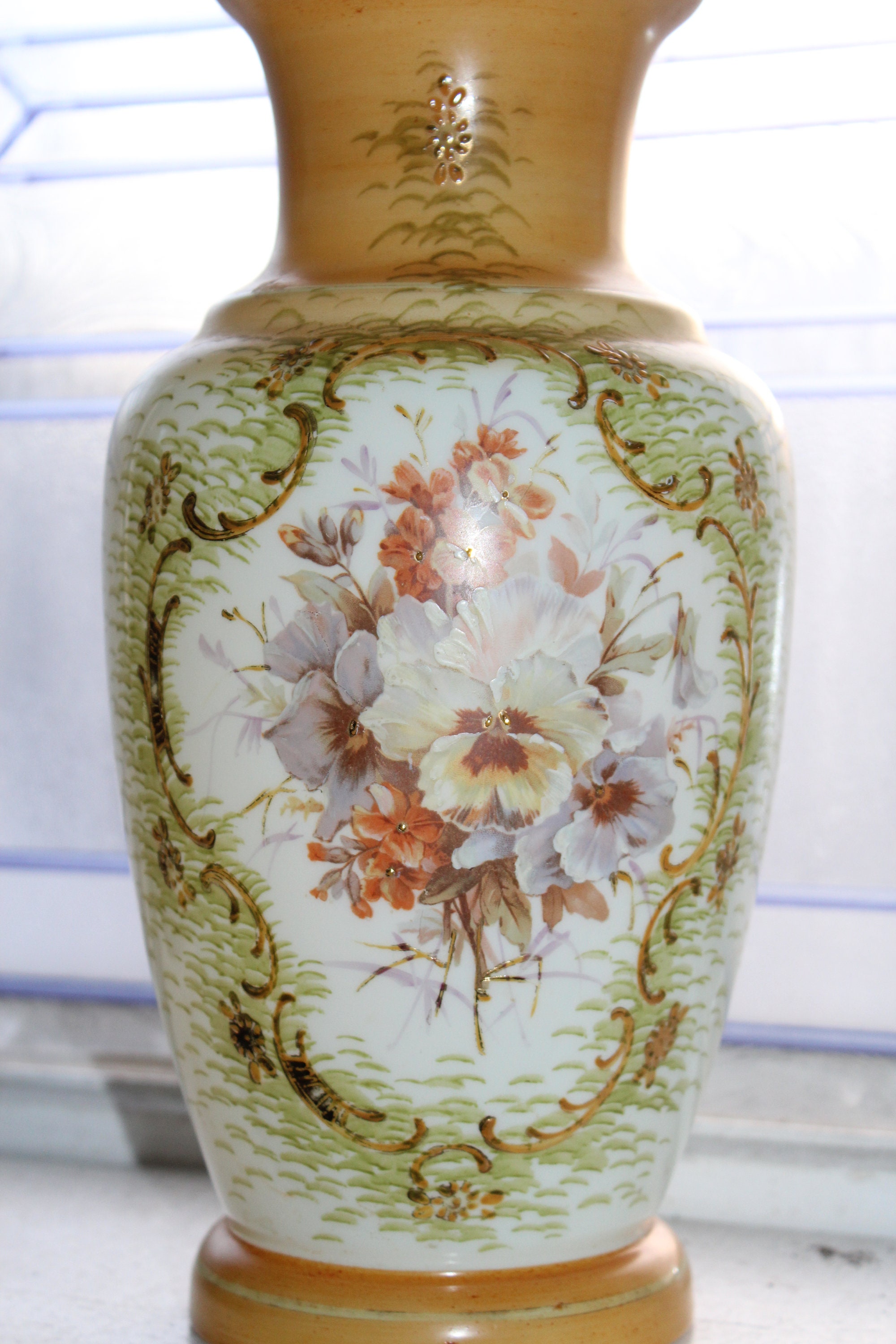 Large Victorian Milk Glass Vase Hand Painted Flowers 12.5 Antique Urn