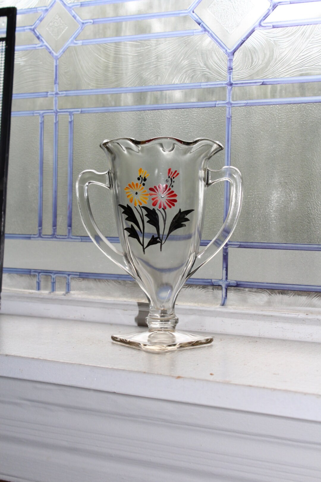 Vintage Glass Loving Cup Trophy Cup 7" Vase With Hand Painted Flowers ...