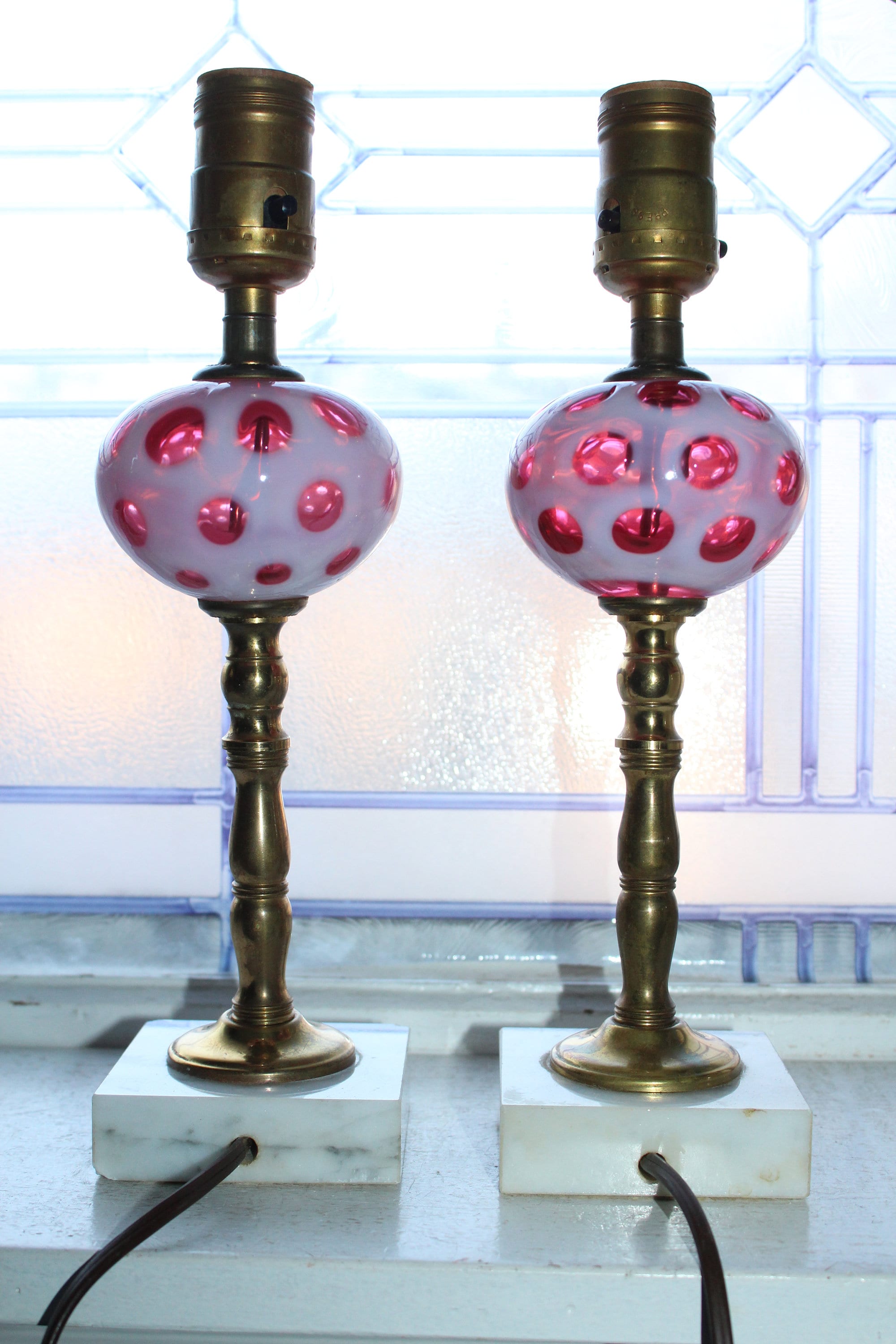 RESERVED Vintage Pair Cranberry Coin Spot Glass Bedroom Lamps with ...