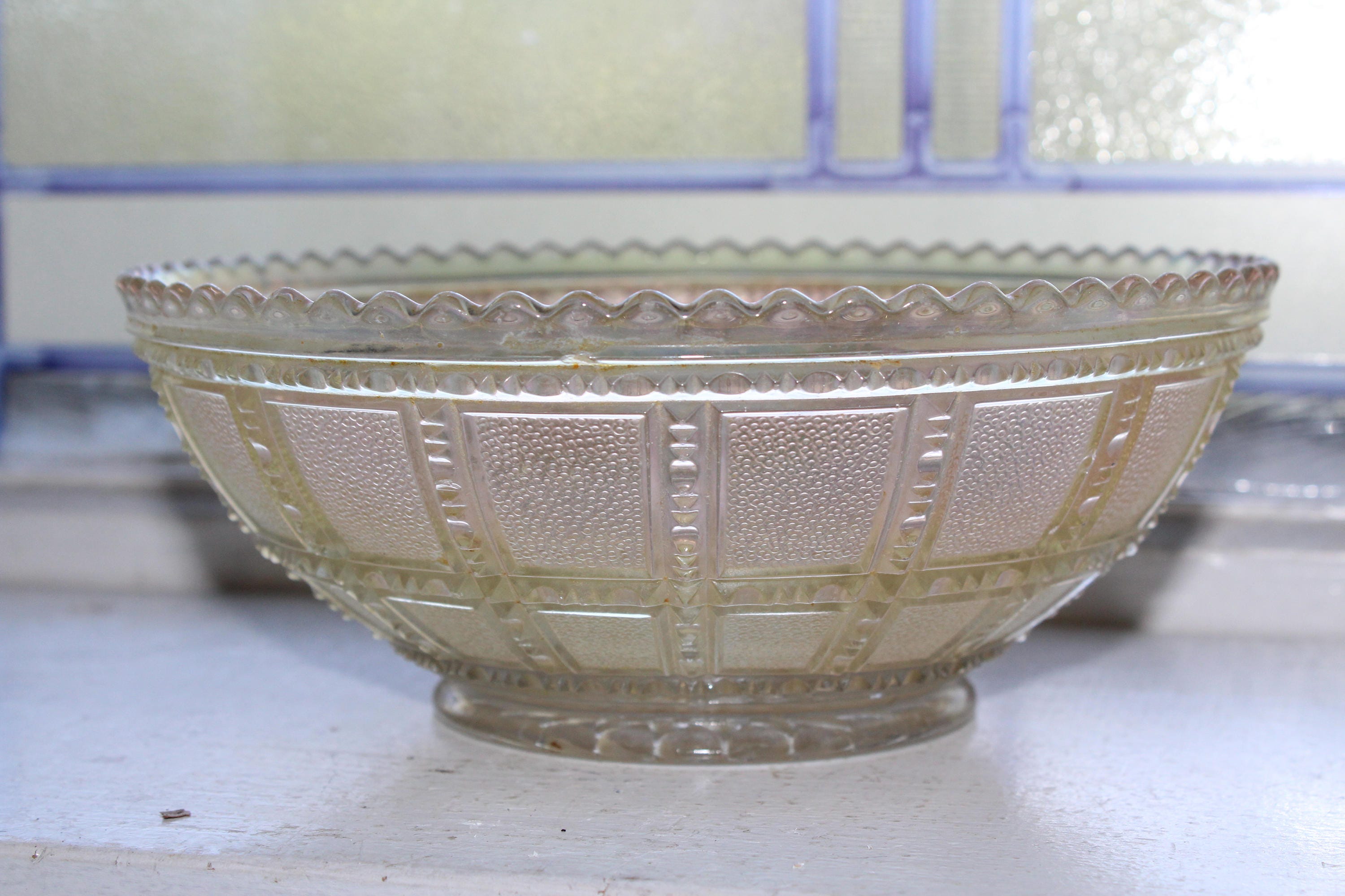 Iridescent Beaded Block Bowl Vintage 1930s Depression Glass