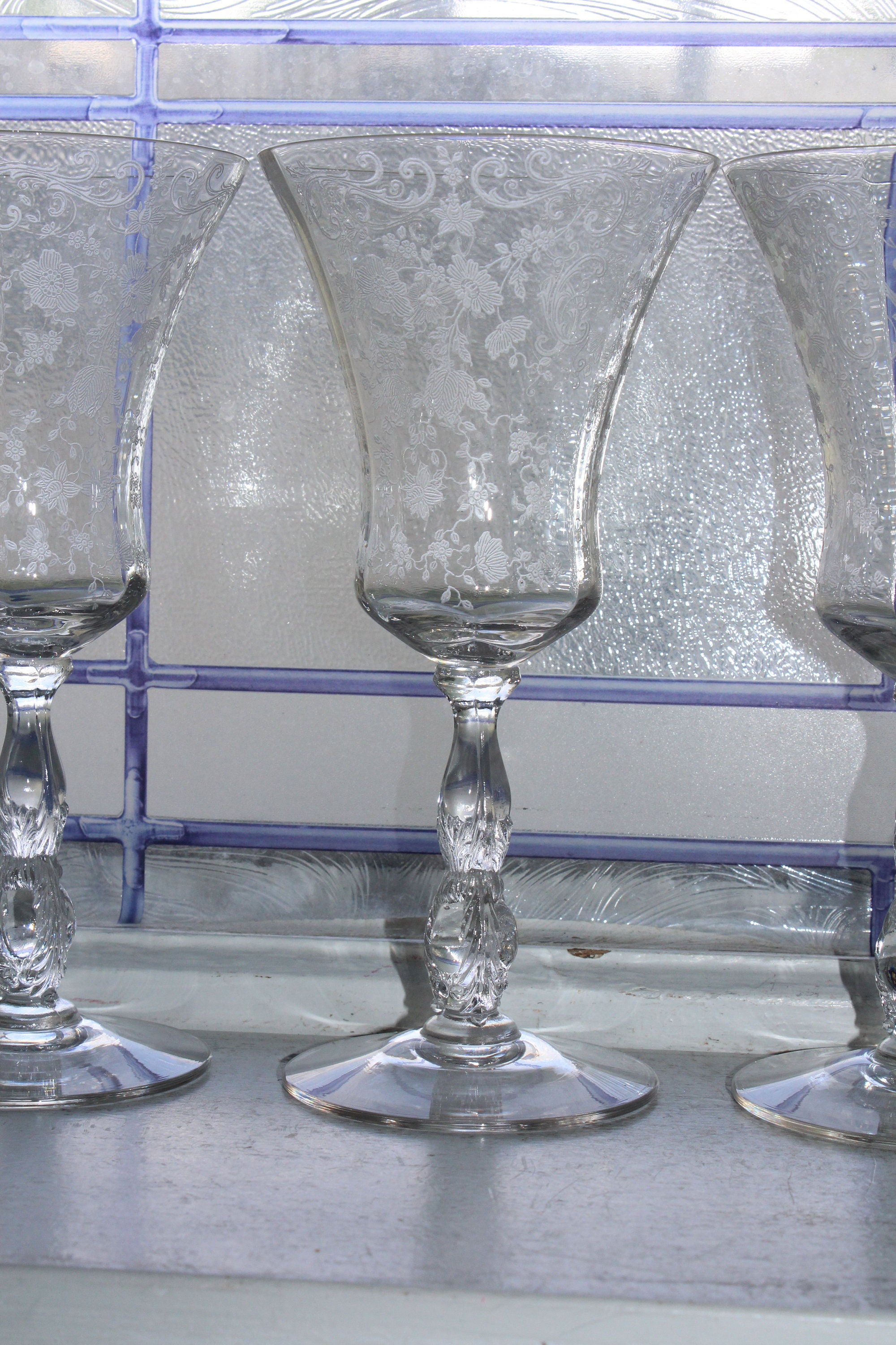 4 Cambridge Glass Chantilly Water Goblets Vintage Stemware