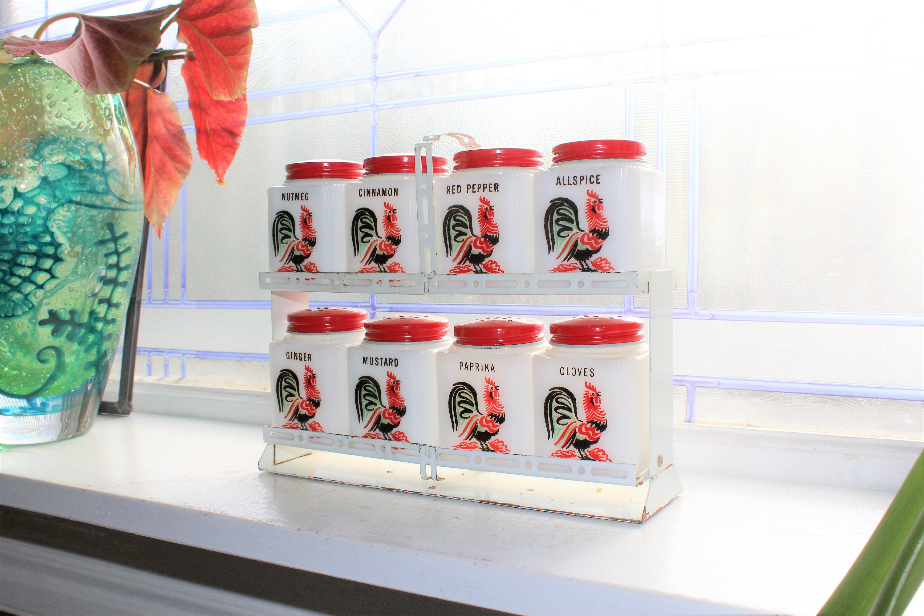 Vintage 8 Pc Spice Set Tipp City Milk Glass Red Rooster with Stand