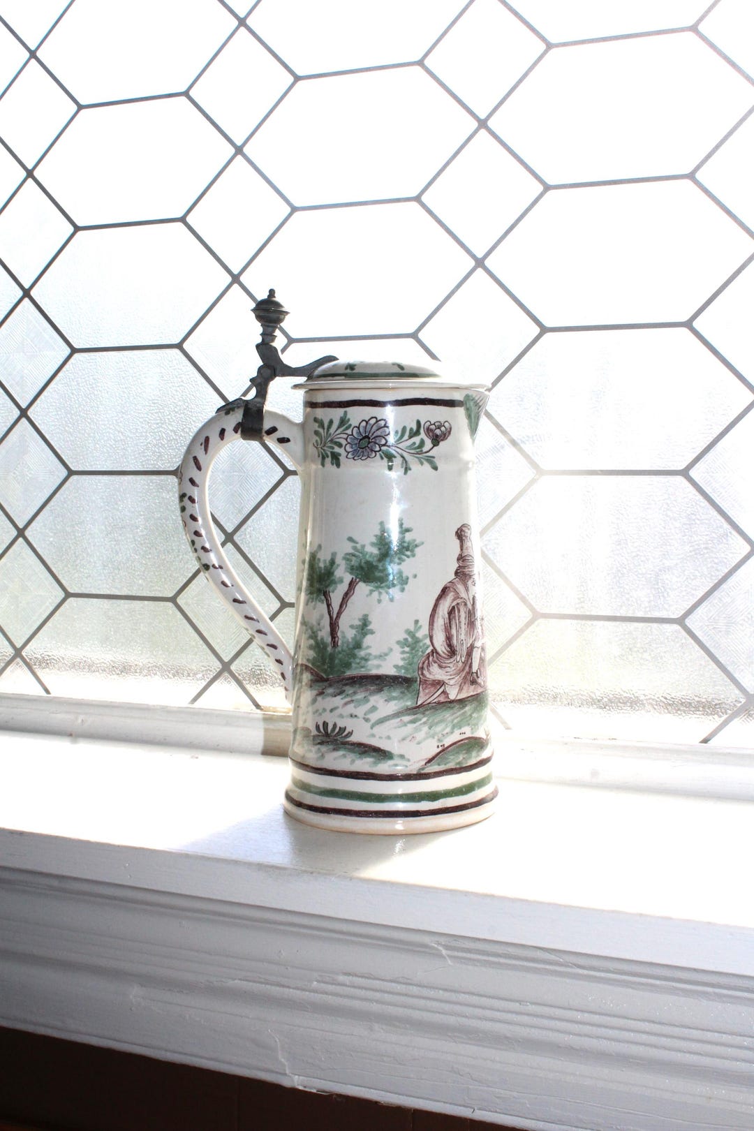 Antique Faience and Pewter Stein Tankard Men Playing Checkers 18th-19th ...