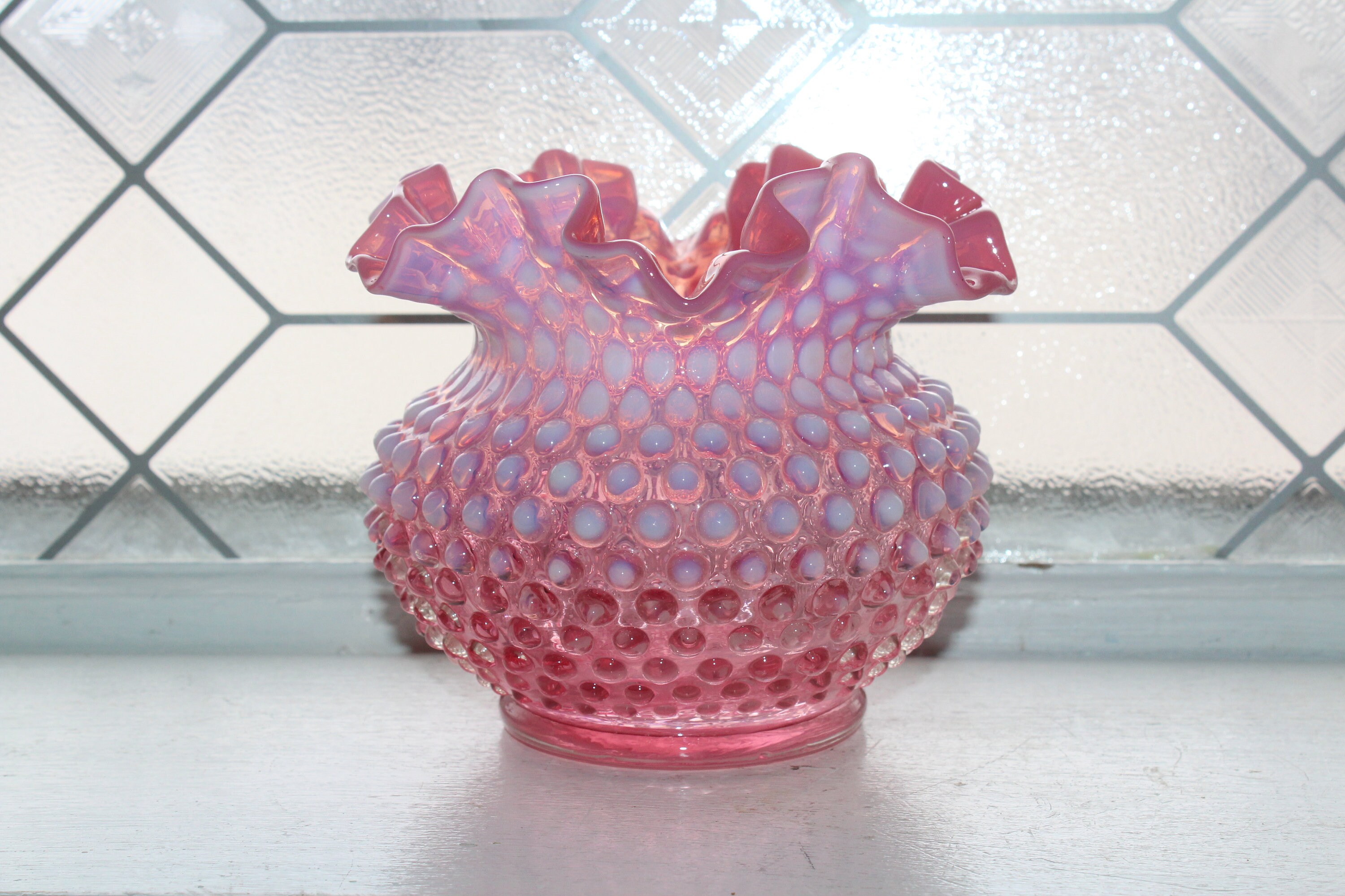 Fenton Hobnail Glass Vase Pink Cranberry Opalescent 1950s