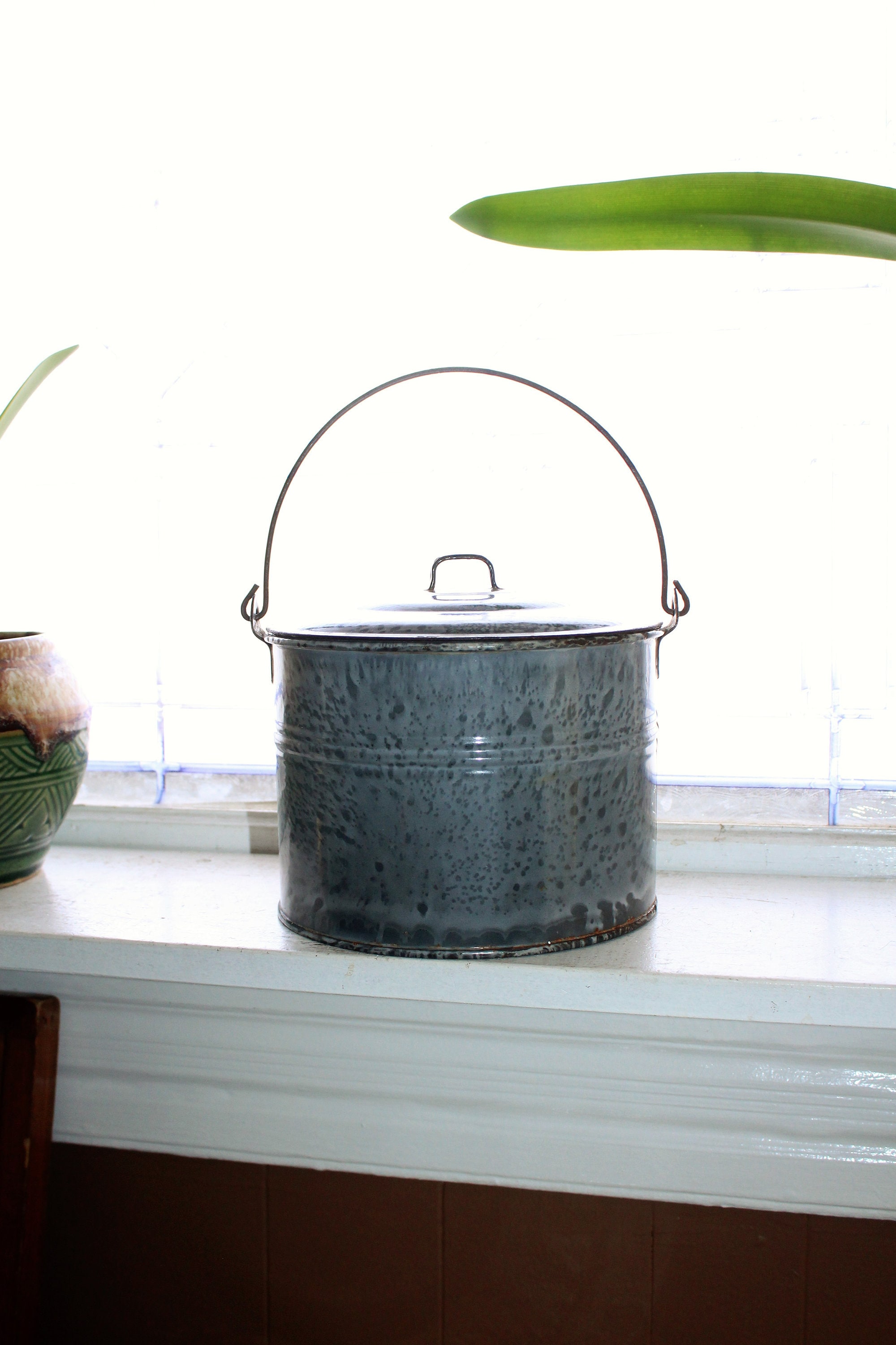 Antique Graniteware Lunch Pail or Large Berry Bucket Gray Enamelware