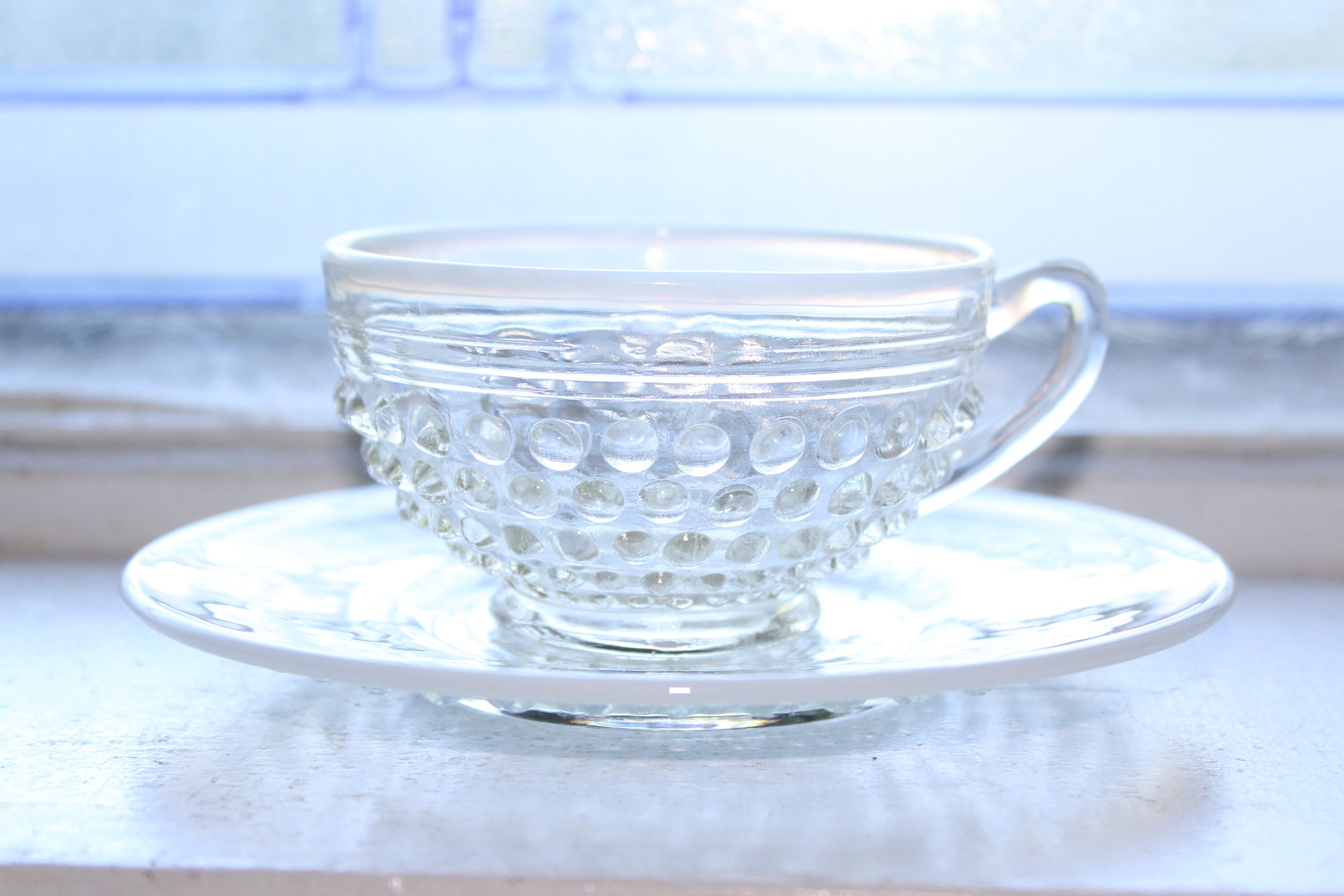 Moonstone Glass Cup and Saucer Opalescent Hobnail Vintage 1940s
