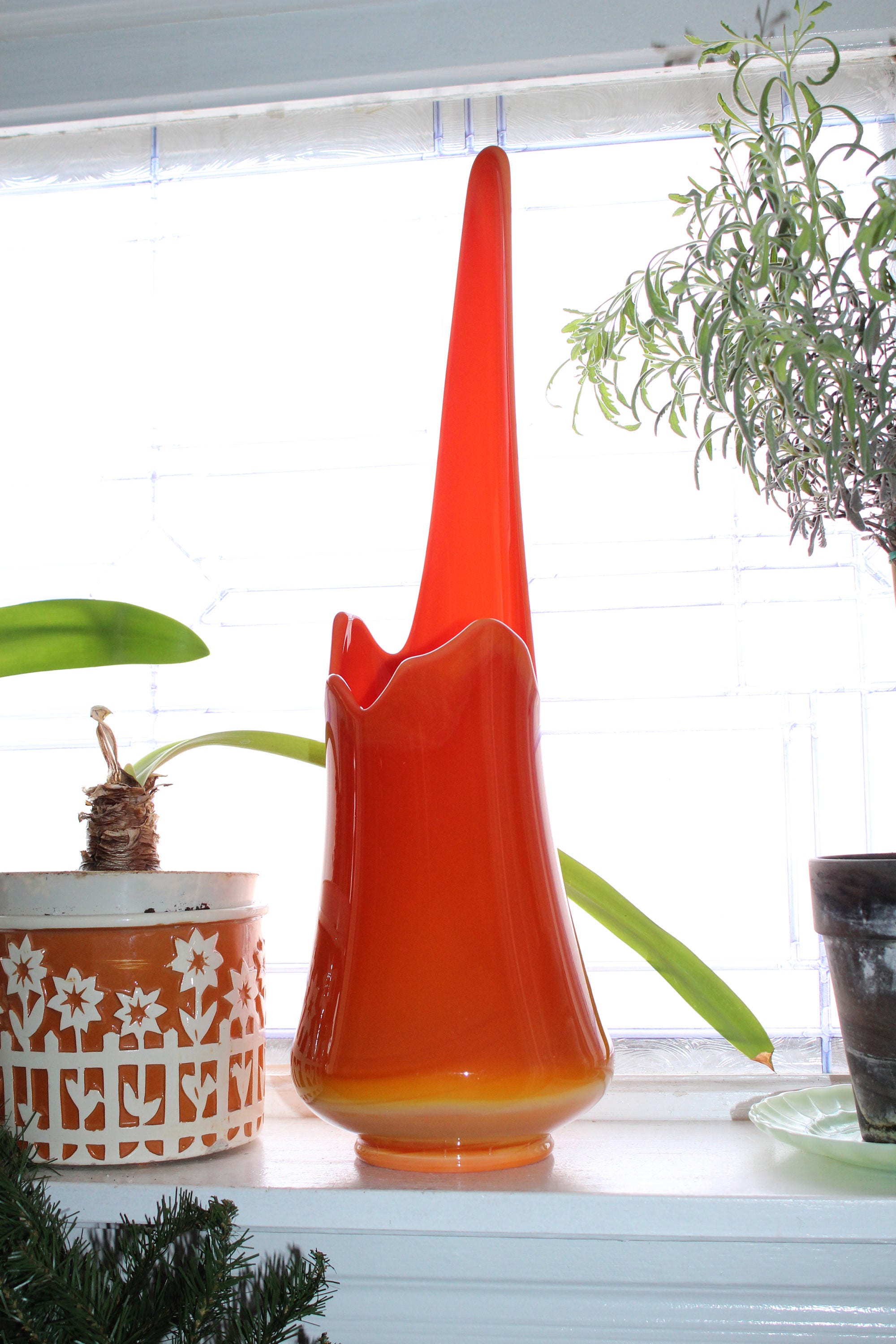 Orange Slag Glass Vase 21 Vintage Mid Century Swung Glass