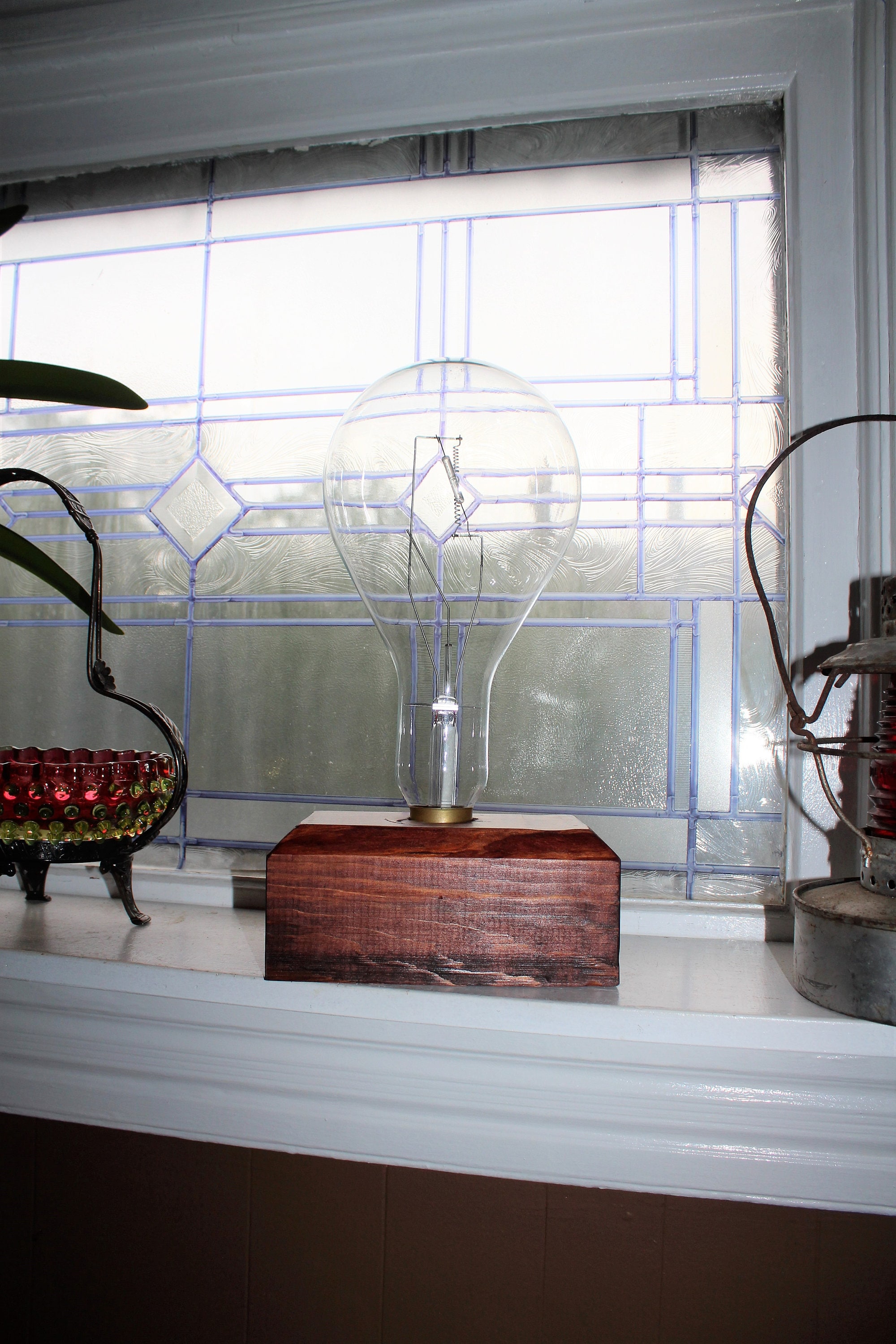 Huge Vintage Light Bulb & Wooden Stand Industrial Steampunk Decor