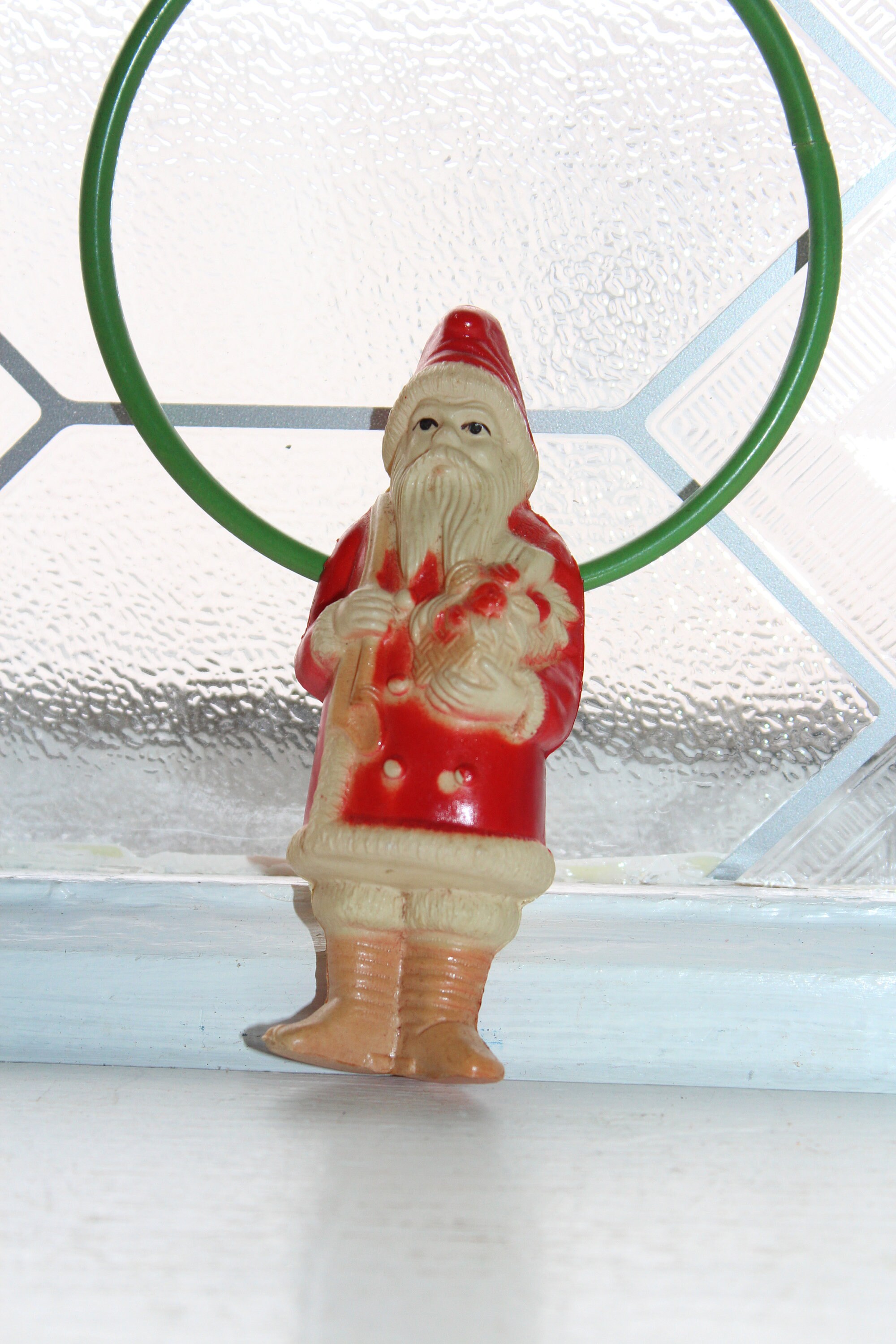 Antique Celluloid Santa Clause Christmas Ornament on Swinging Ring