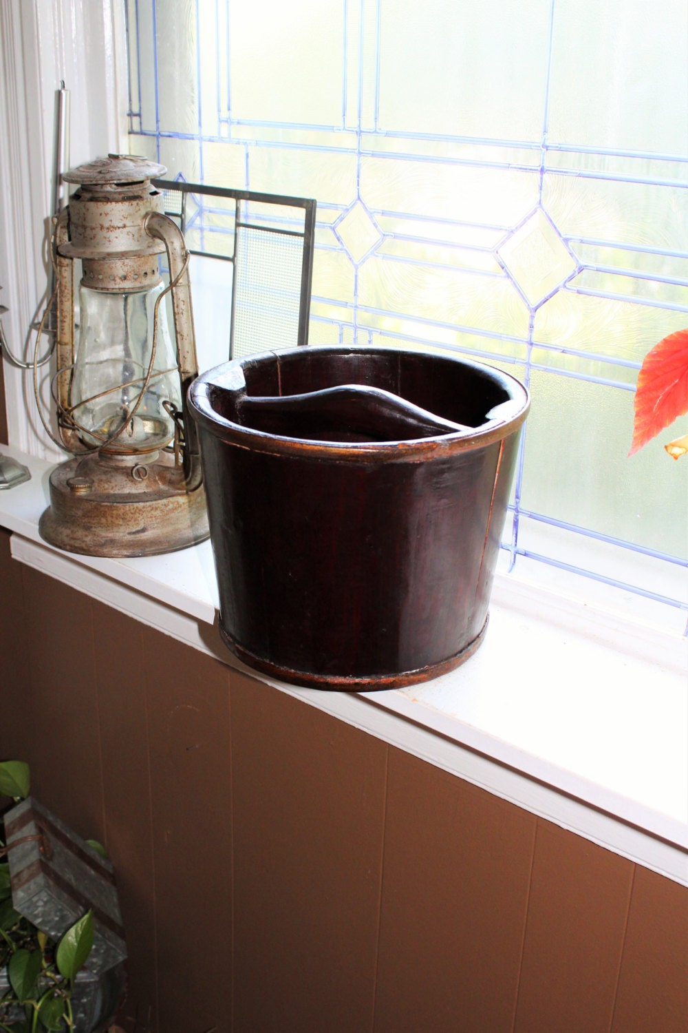 Antique Wood Firkin Wooden Bucket with Recessed Handle