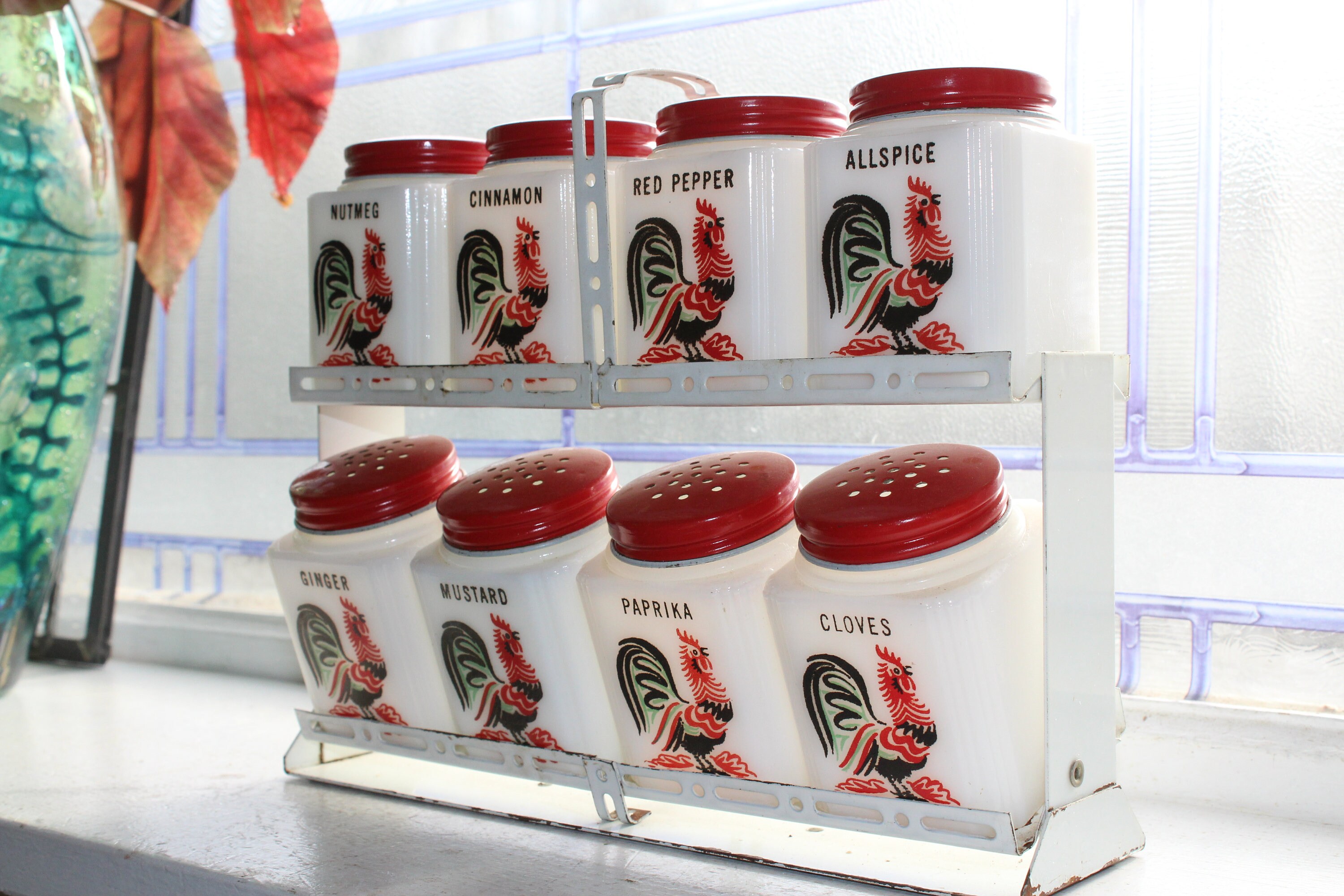 Vintage 8 Pc Spice Set Tipp City Milk Glass Red Rooster with Stand