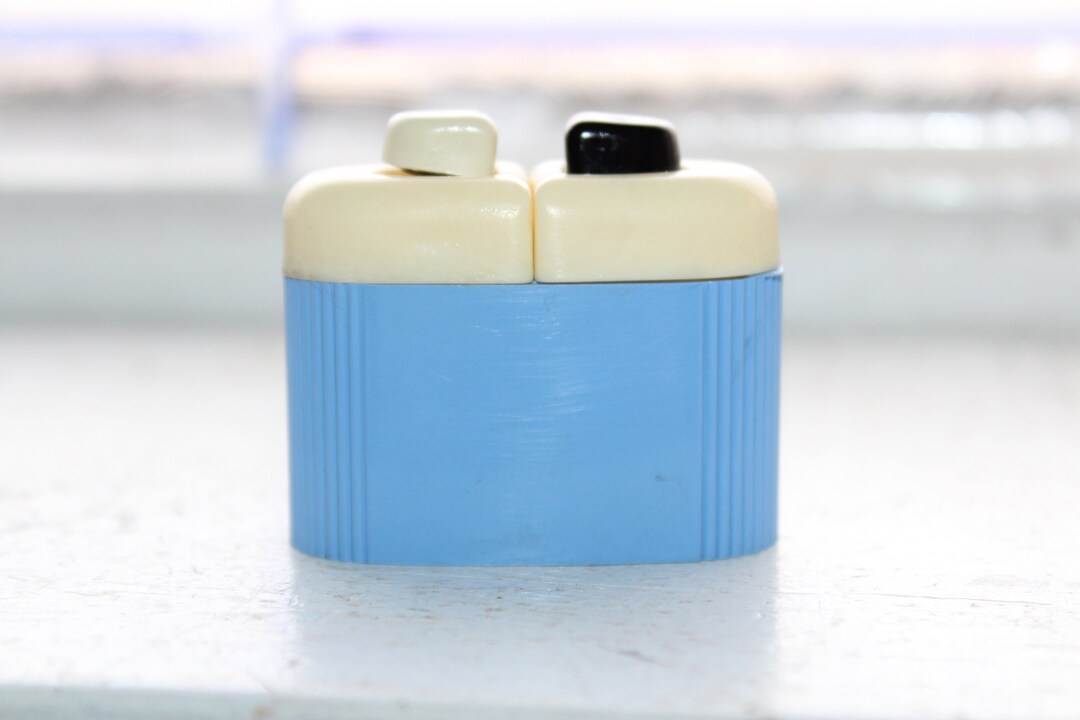 Vintage Mid Century Push Button Salt and Pepper Shakers Blue and White ...