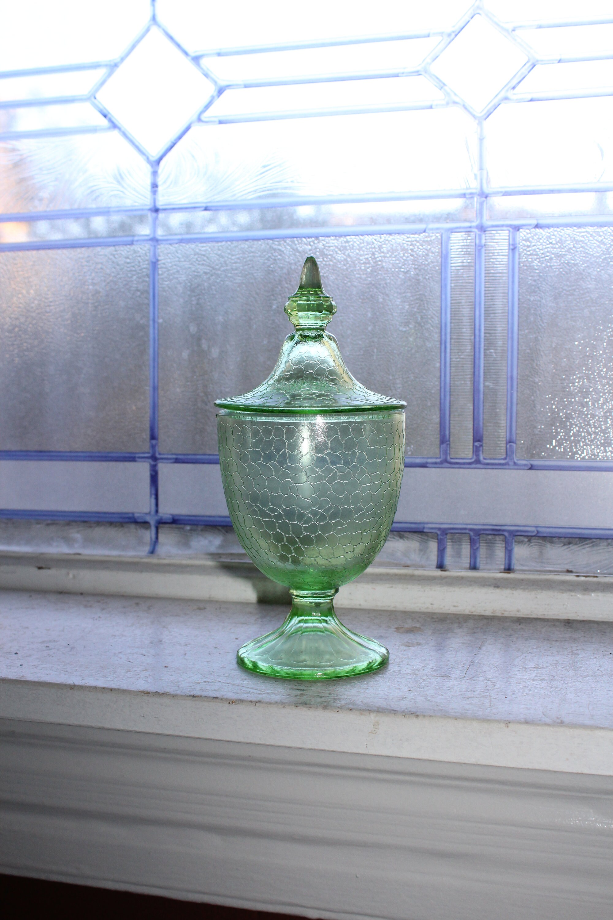 Green Depression Glass Candy Dish With Cover Vintage Cracky Crackle