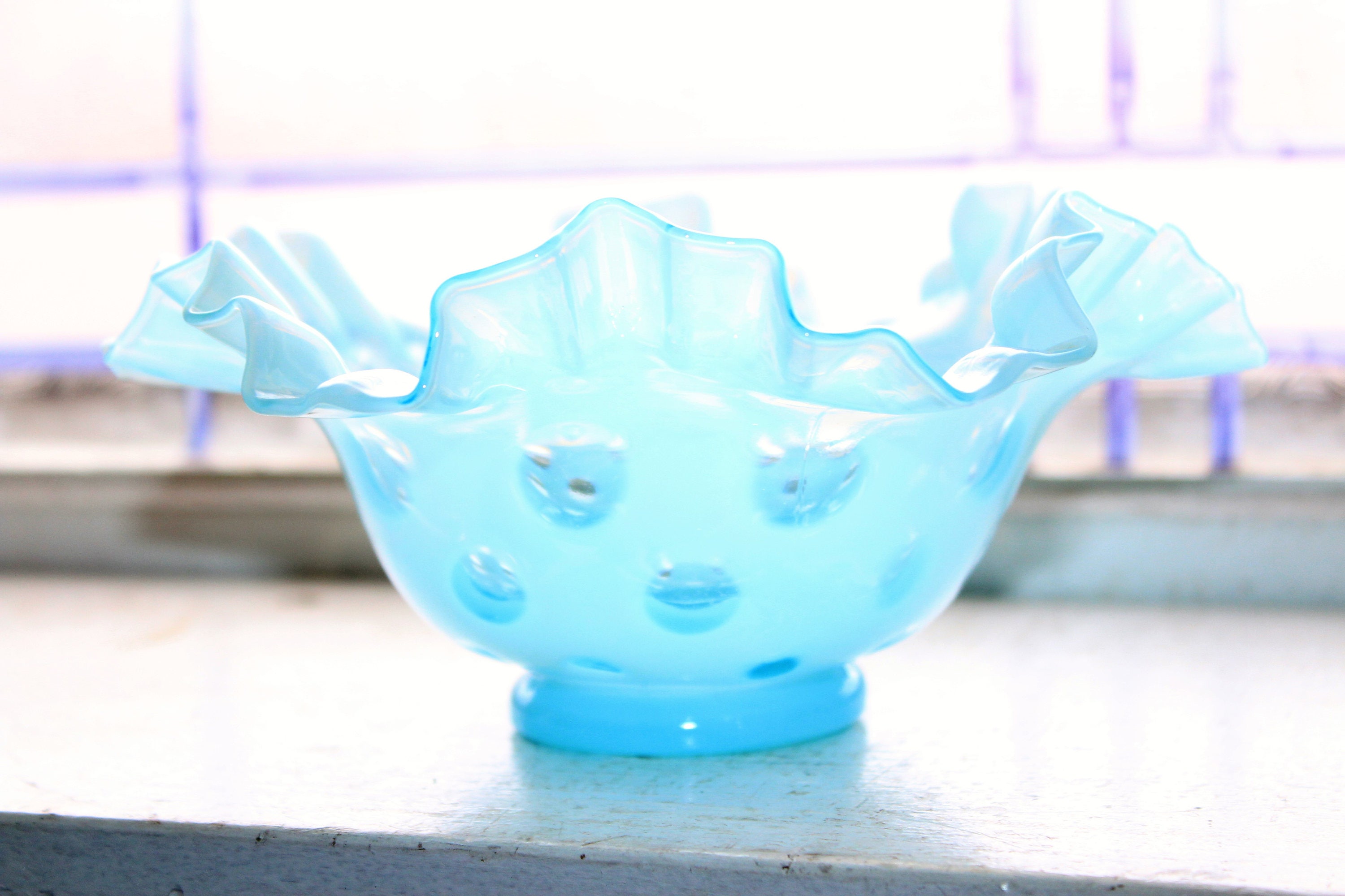 Fenton Glass Blue Opalescent Coin Dot Bowl 7 Ruffled Rim No. 1427 Fenton Glass Blue Opalescent Coin Dot Bowl 7 Ruffled Rim No. 1427