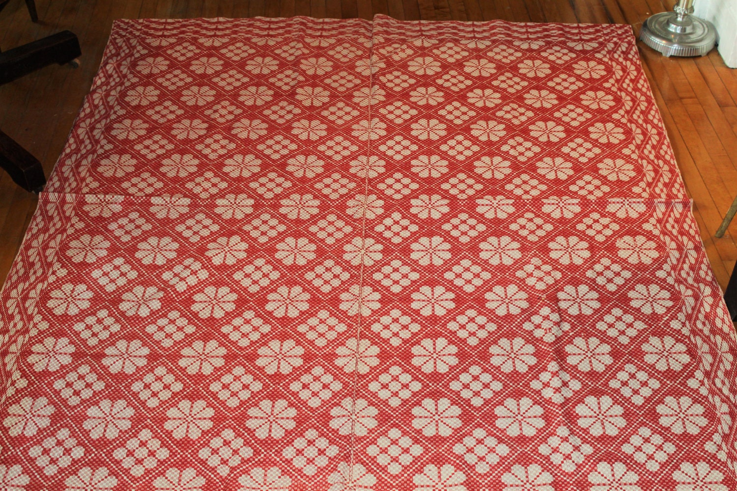 Antique Coverlet Red and White Reversible Jacquard Weave Mid 1800s
