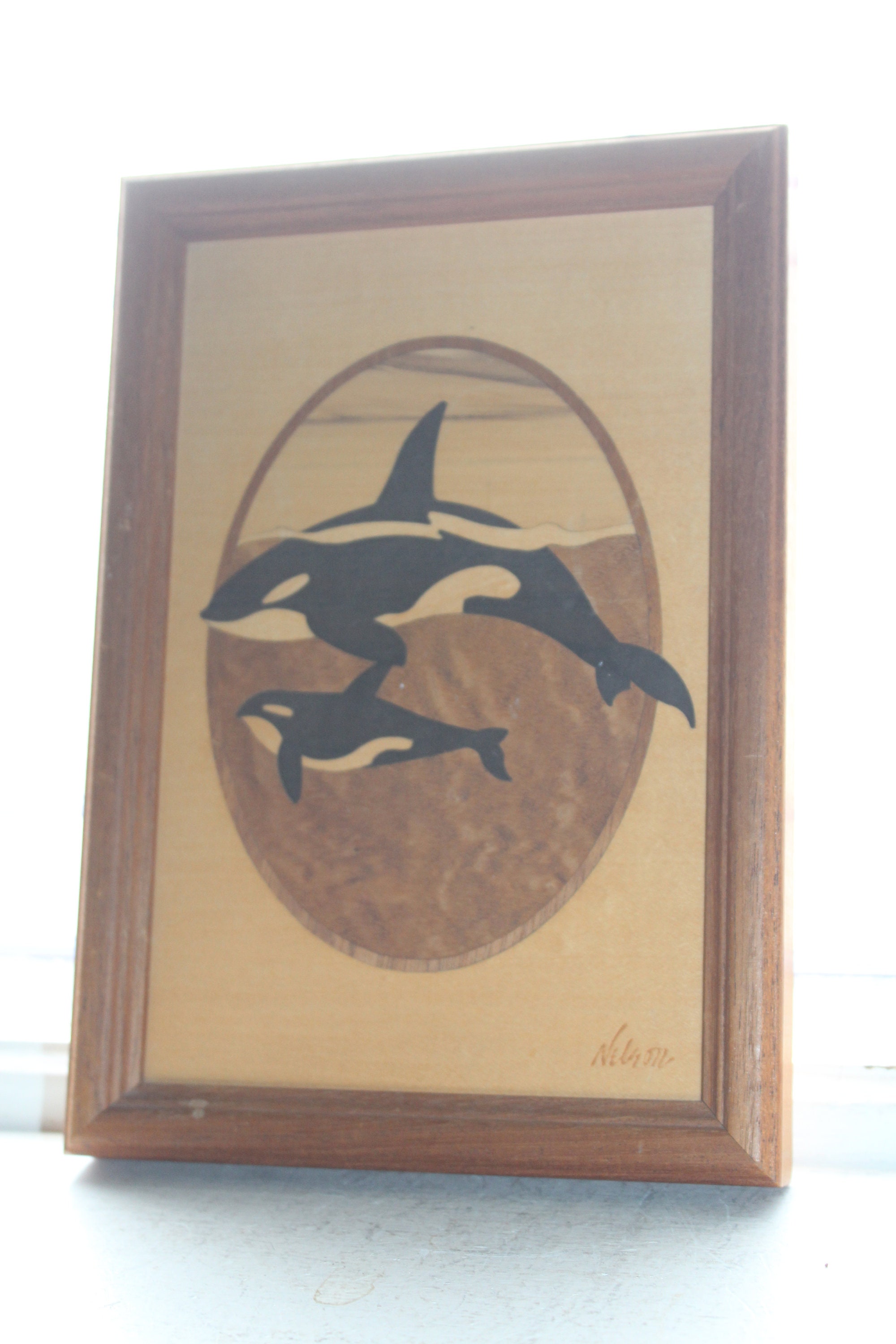Vintage Wood Marquetry Hudson River Inlay Orcas Wall Plaque