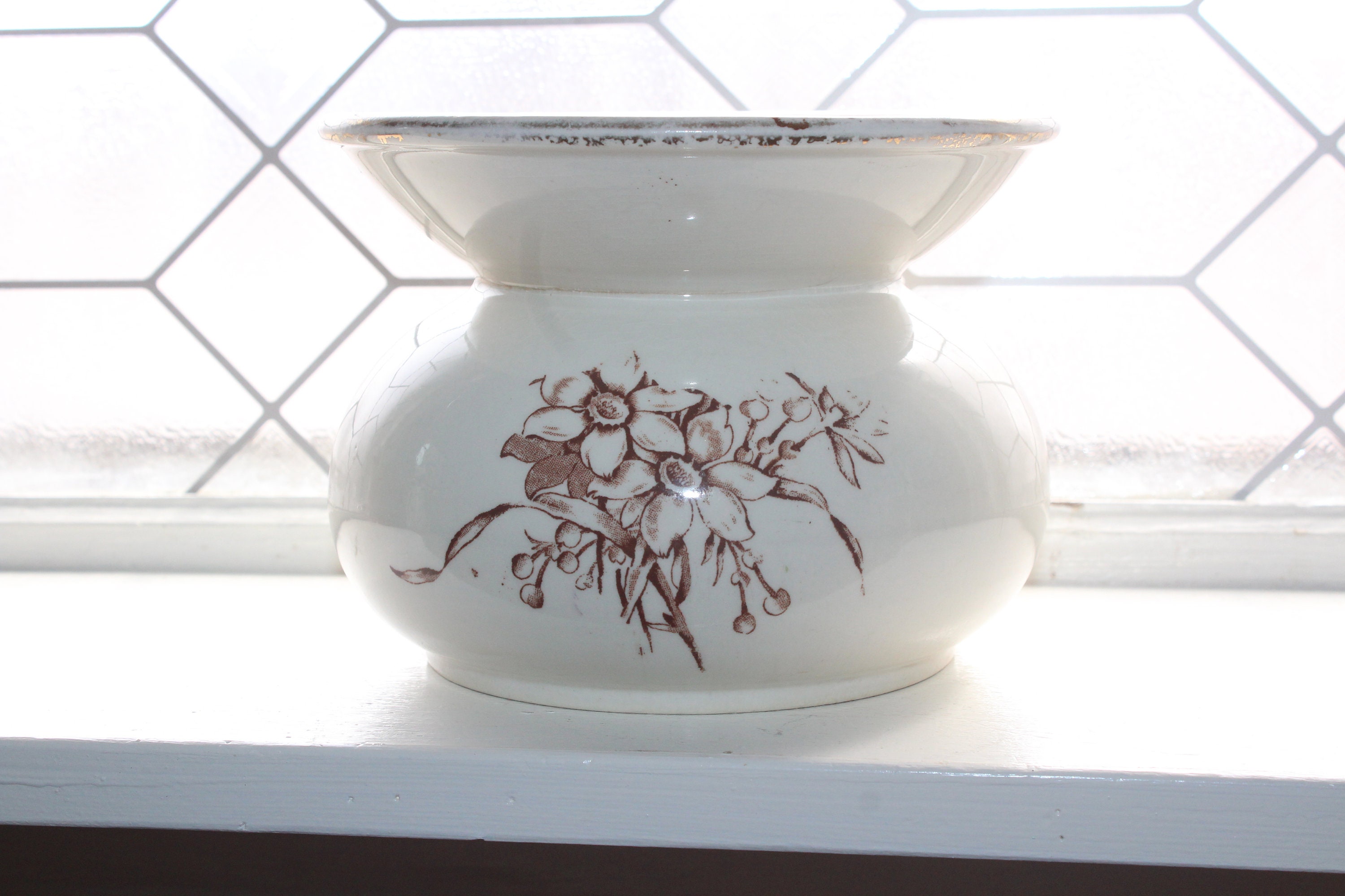 Antique Victorian Transferware Spittoon Brown and White 1800s Cuspidor