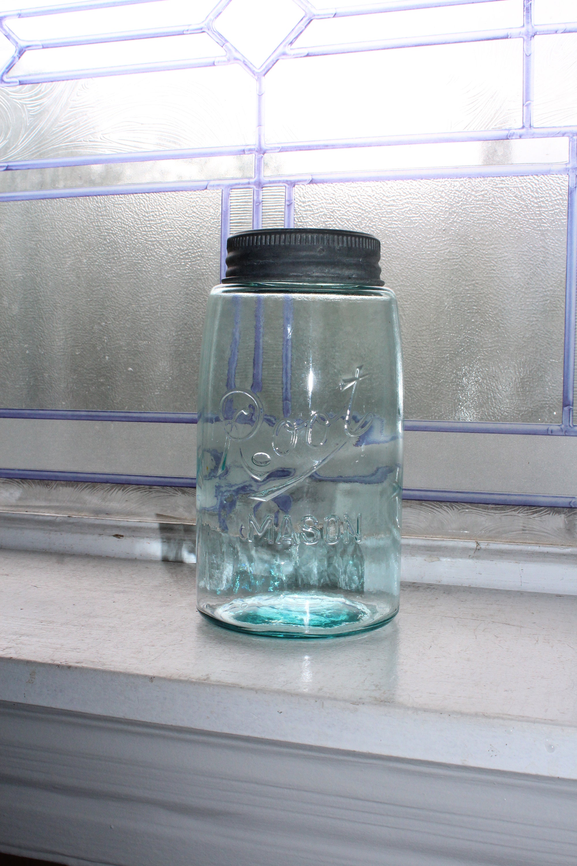 Blue Root Mason Jar Quart with Lid Antique 1900s