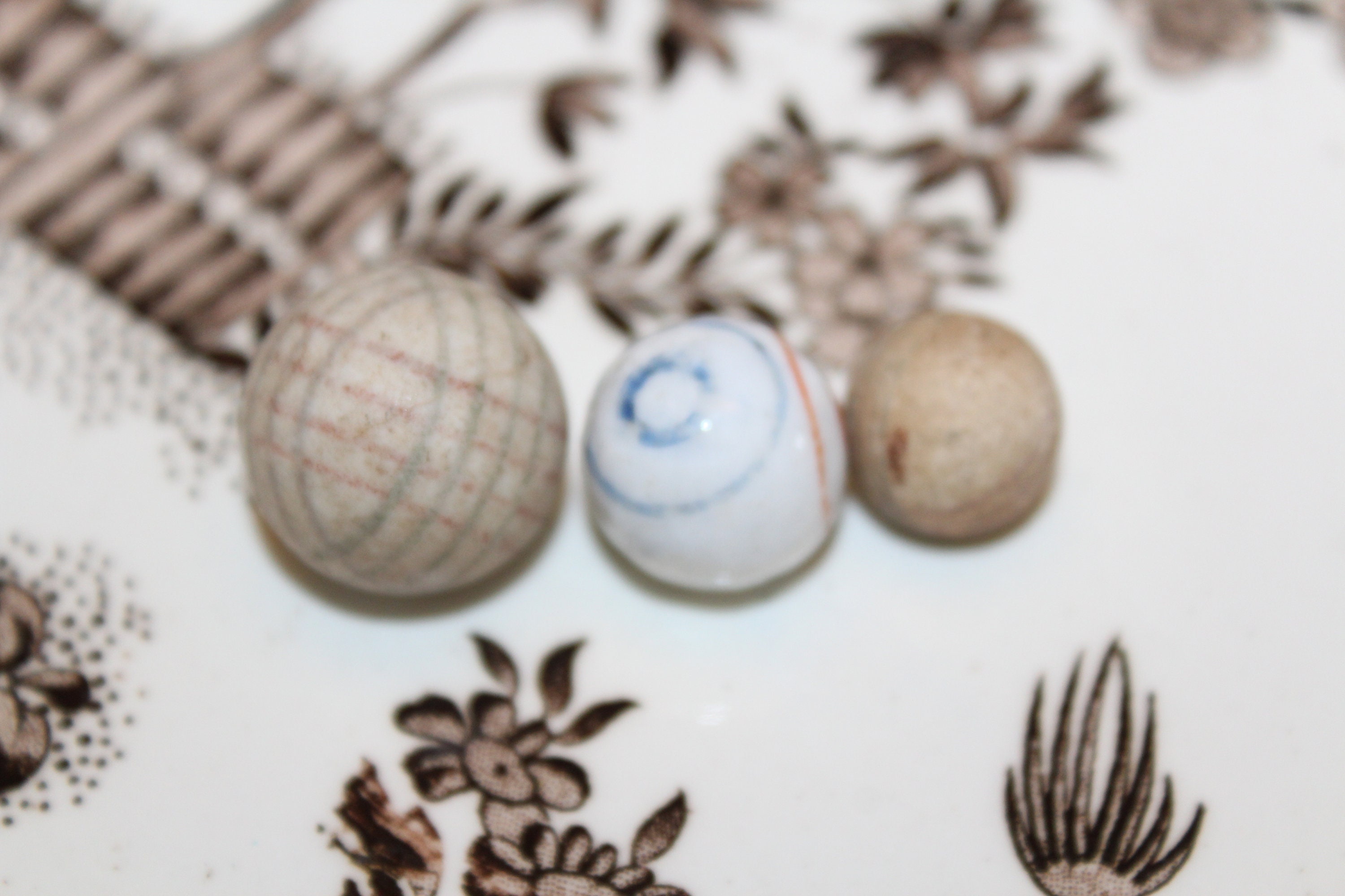 3 Antique China & Clay Marbles Hand Made Hand Painted Circa 1800s