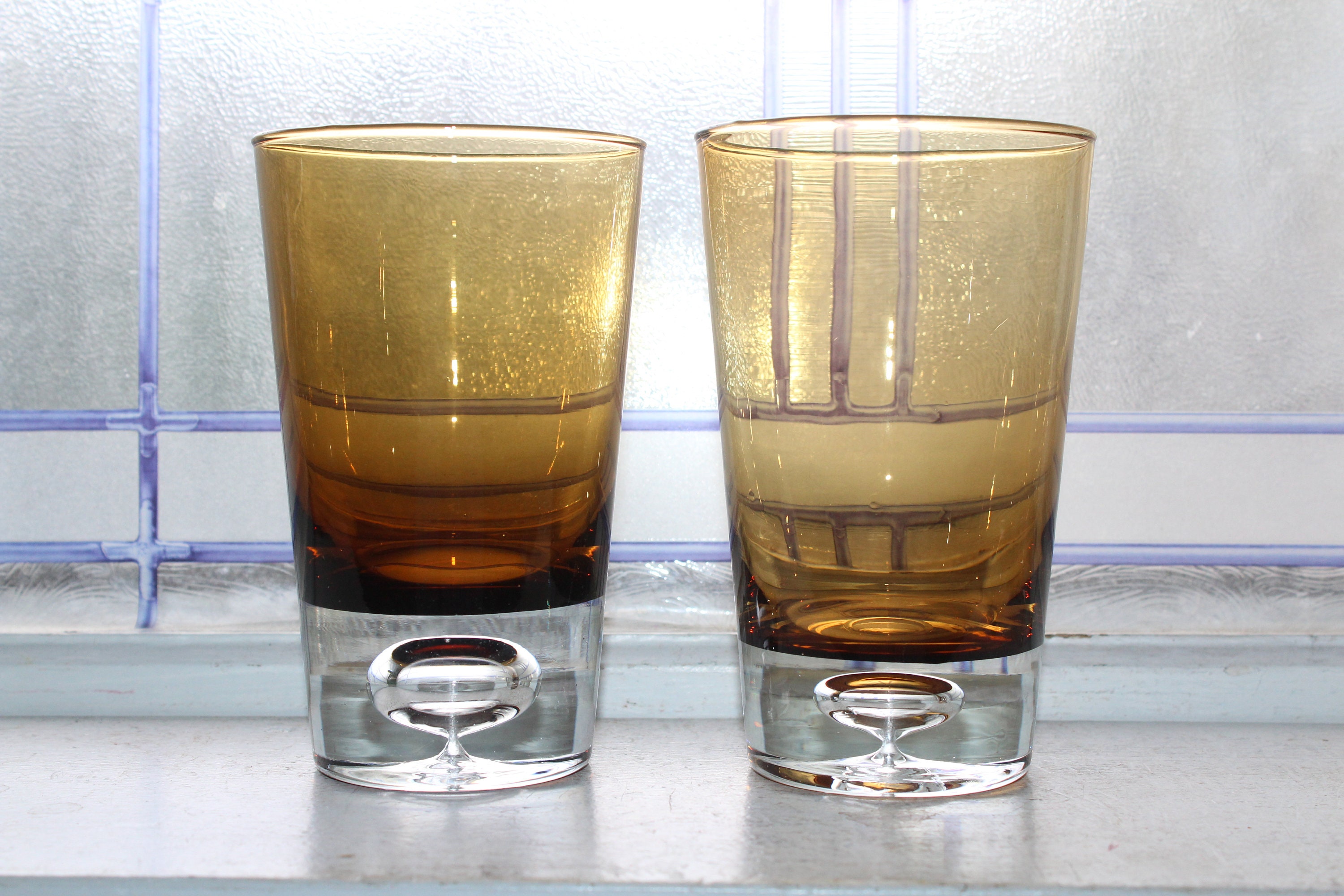 Pair of Amber Glass Block Tumblers Krosno Suspended Bubble