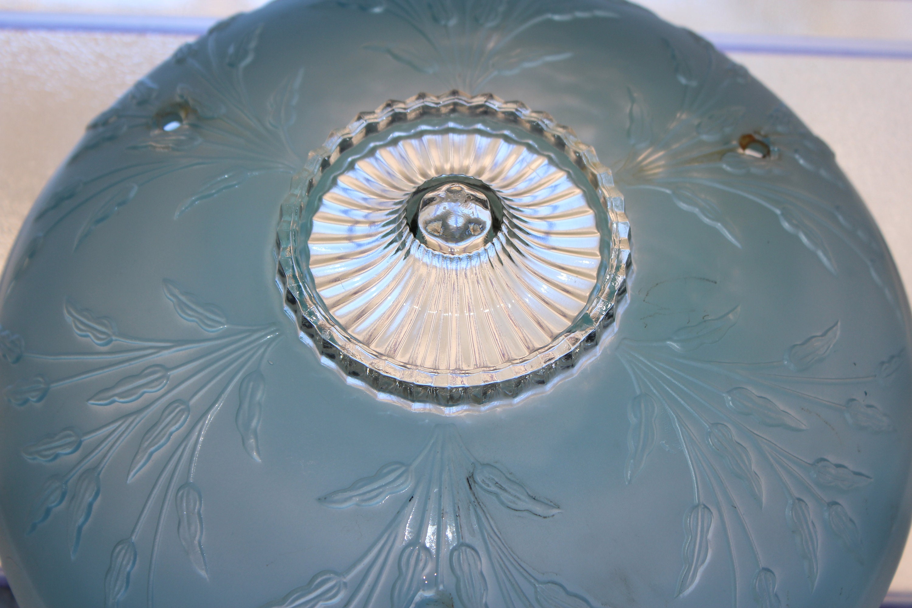 Vintage Ceiling Light Fixture Shade Blue Glass Art Deco 3 Chain Holes