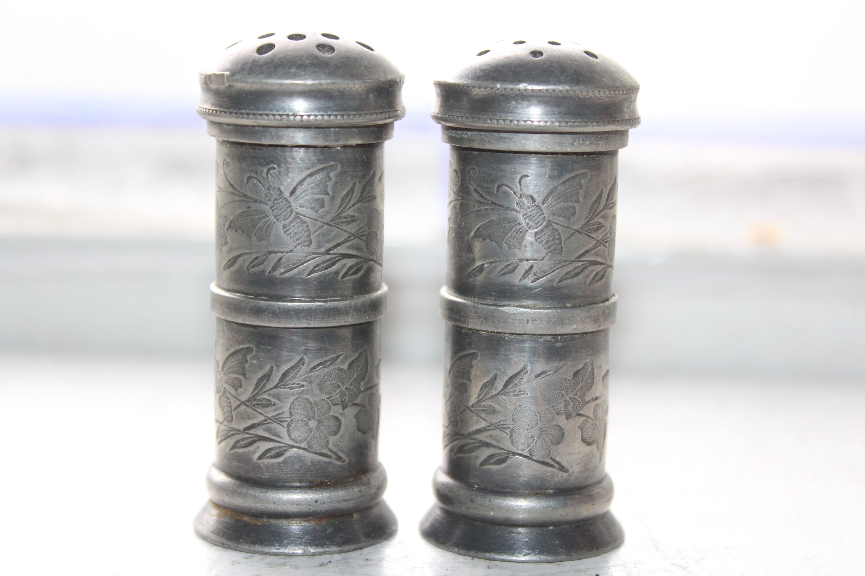 Antique Salt & Pepper Shakers Engraved Pewter Antique Salt & Pepper Shakers Engraved Pewter