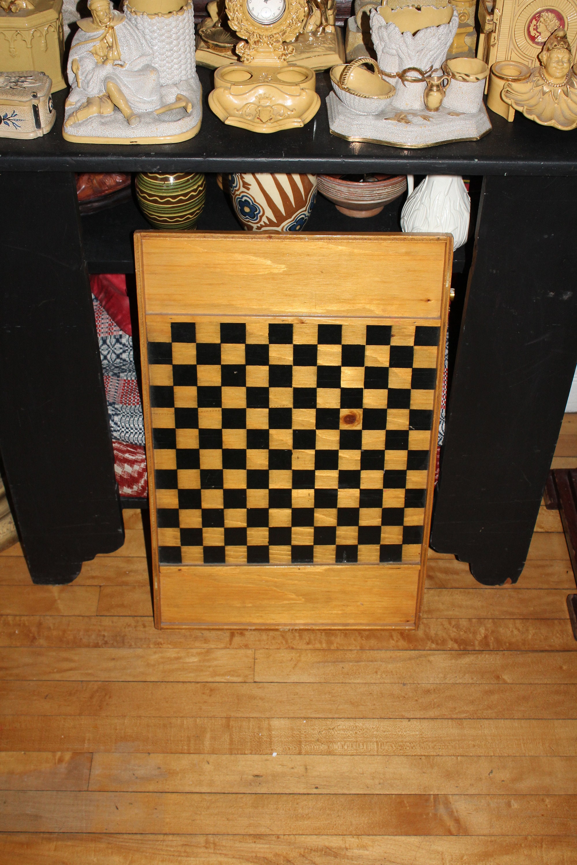 Primitive Wooden Checkers Game Board Handmade Vintage 1950s