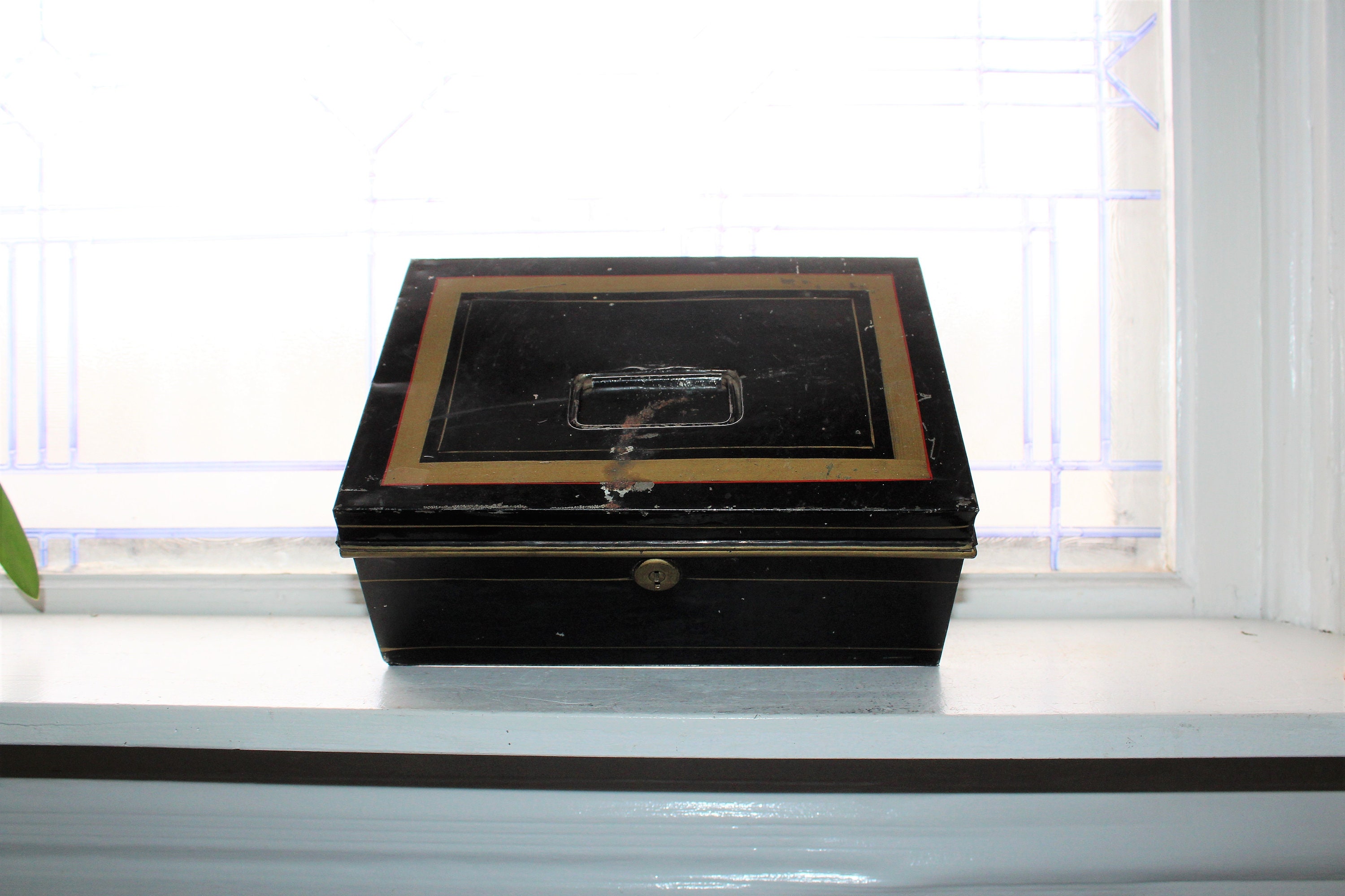 Antique Metal Lock Box with Key Industrial Steampunk Storage
