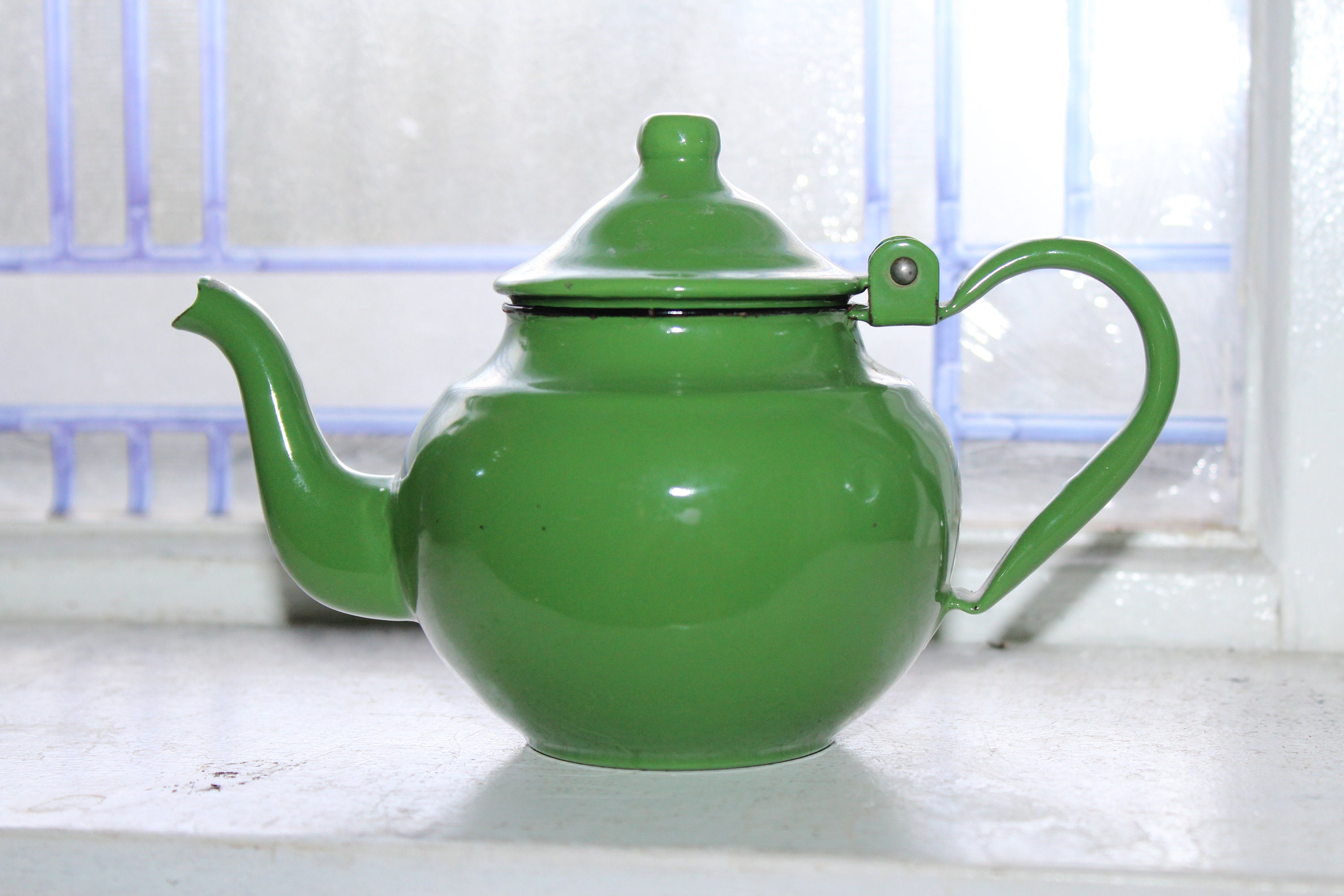 Vintage Green Enamelware Teapot Small Graniteware Tea Pot Toy Size