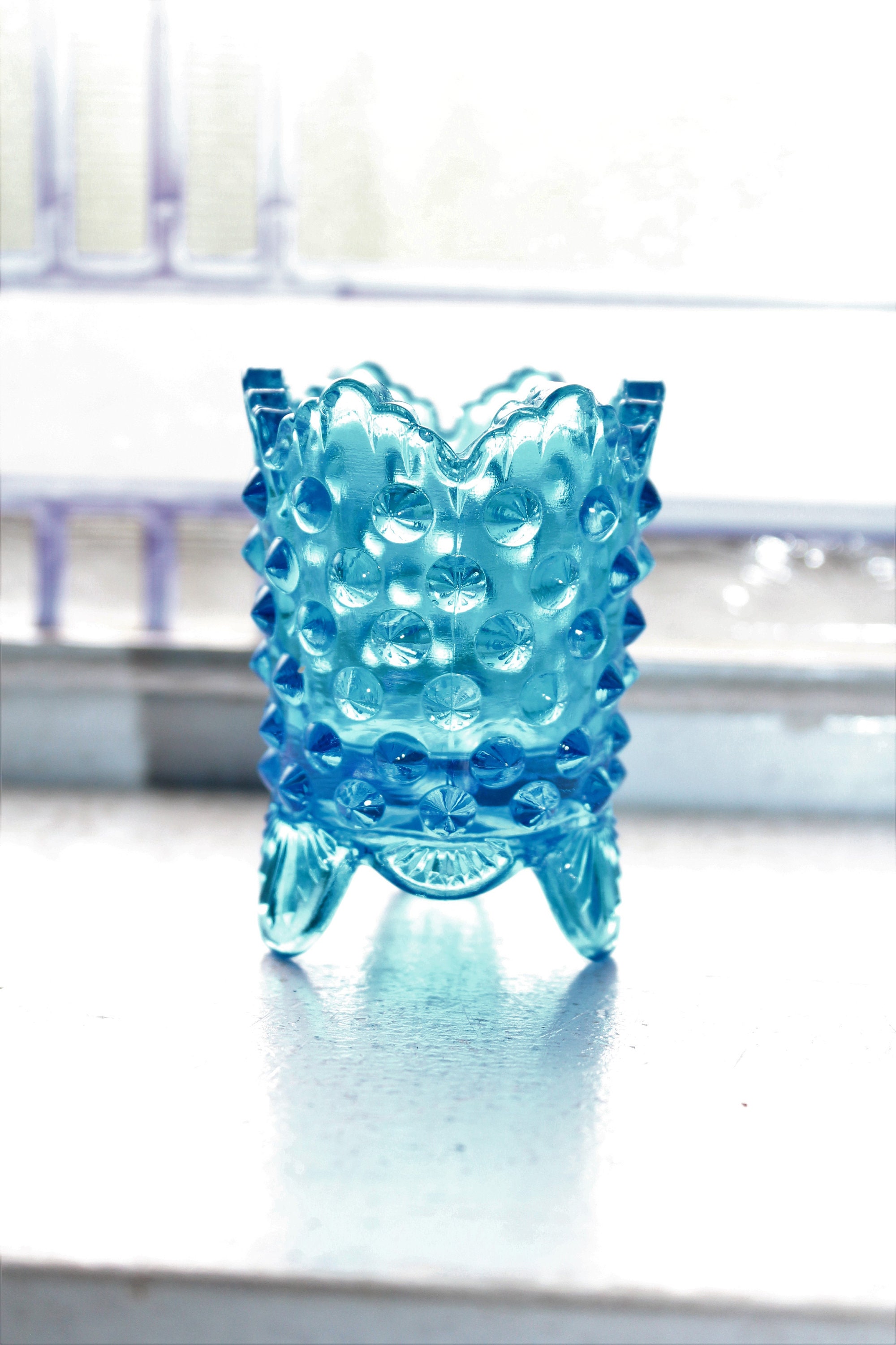 Vintage Blue Glass Footed Toothpick Holder Hobnail Pattern