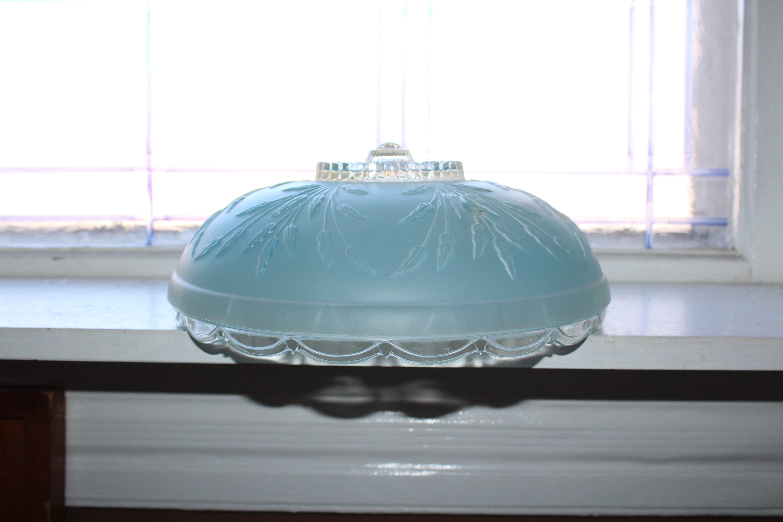 Vintage Ceiling Light Fixture Shade Blue Glass Art Deco 3 Chain Holes