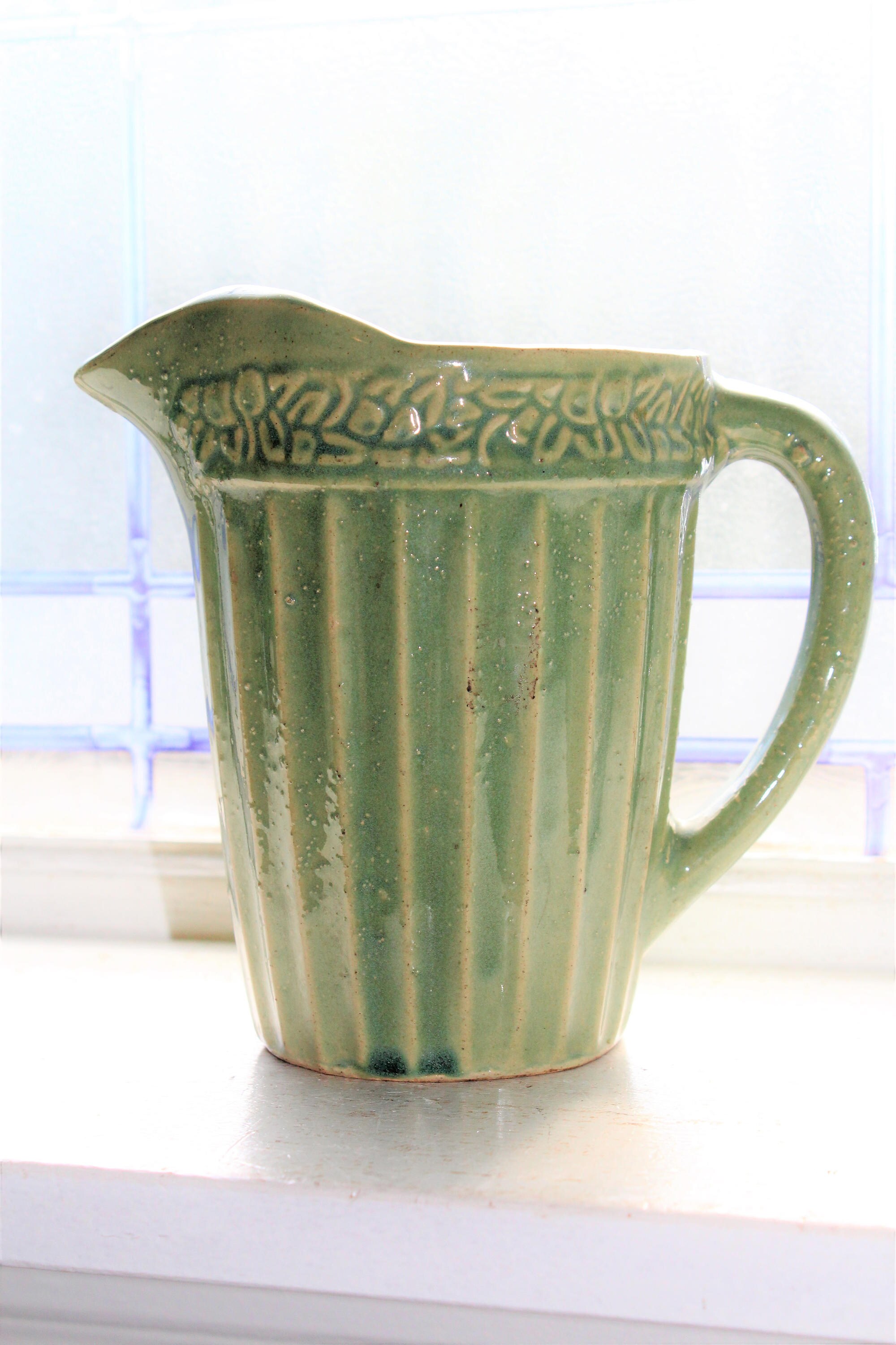 Vintage Green Stoneware Milk Pitcher Rustic Farmhouse Decor