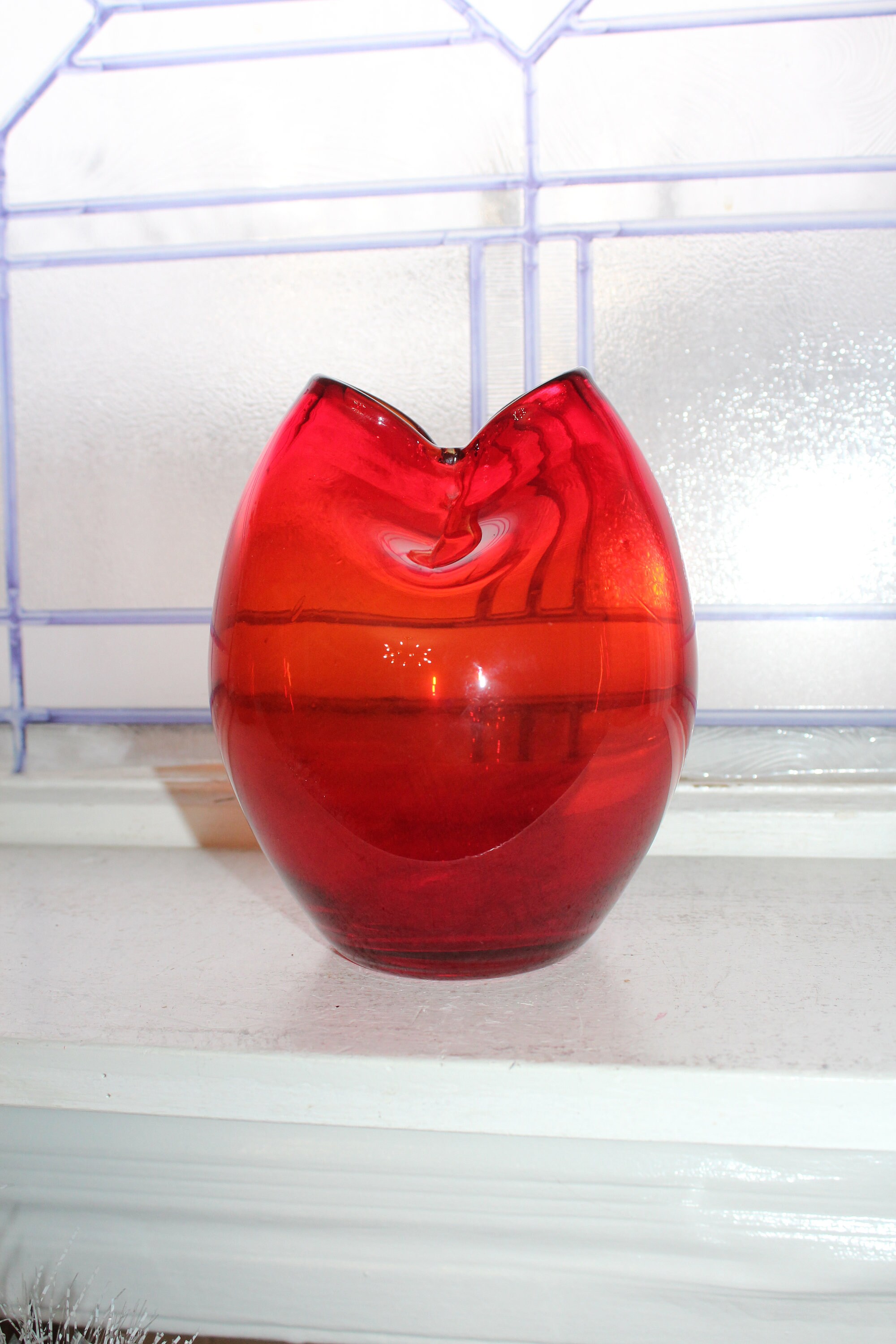 Vintage Blenko Red Glass Vase Double Hole Mid Century