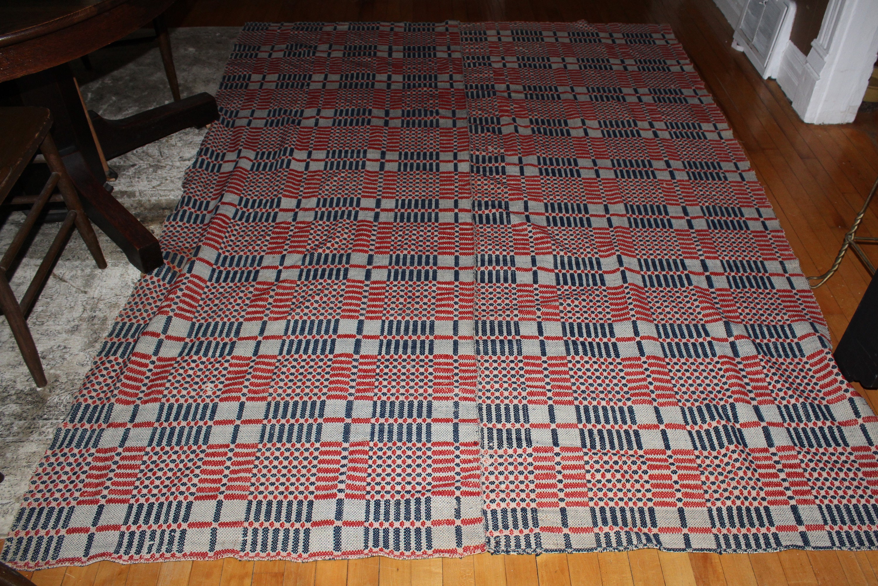 Antique Coverlet Red White and Blue Reversible 1800s Jacquard Weave