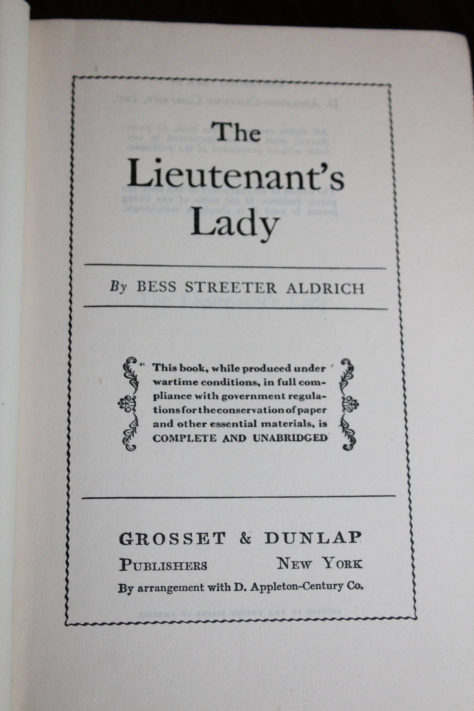 Vintage 1942 Book The Lieutenant's Lady Bess Streeter Aldrich