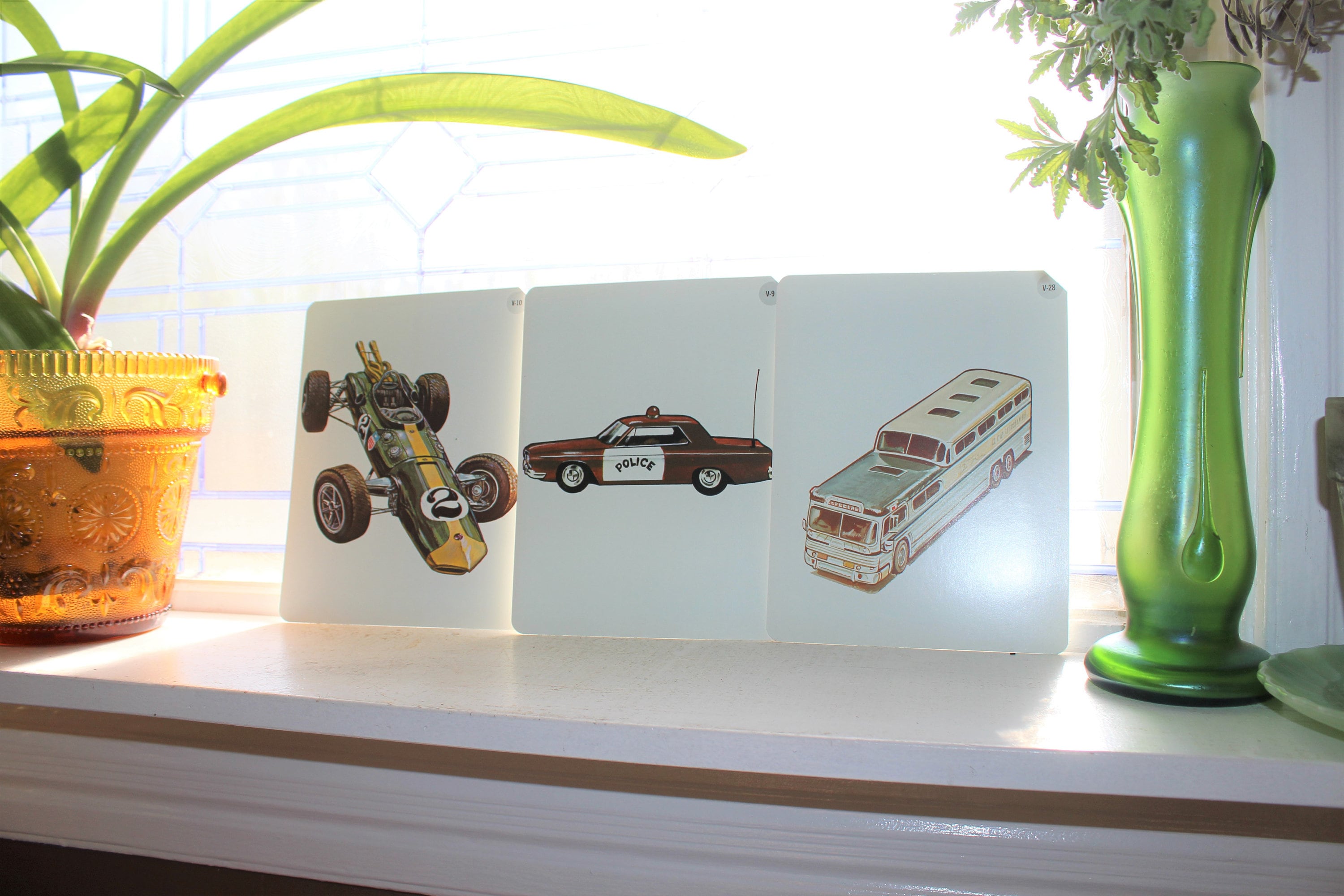 3 Vintage Flash Cards Circa 1967 Bus Police and Race Cars