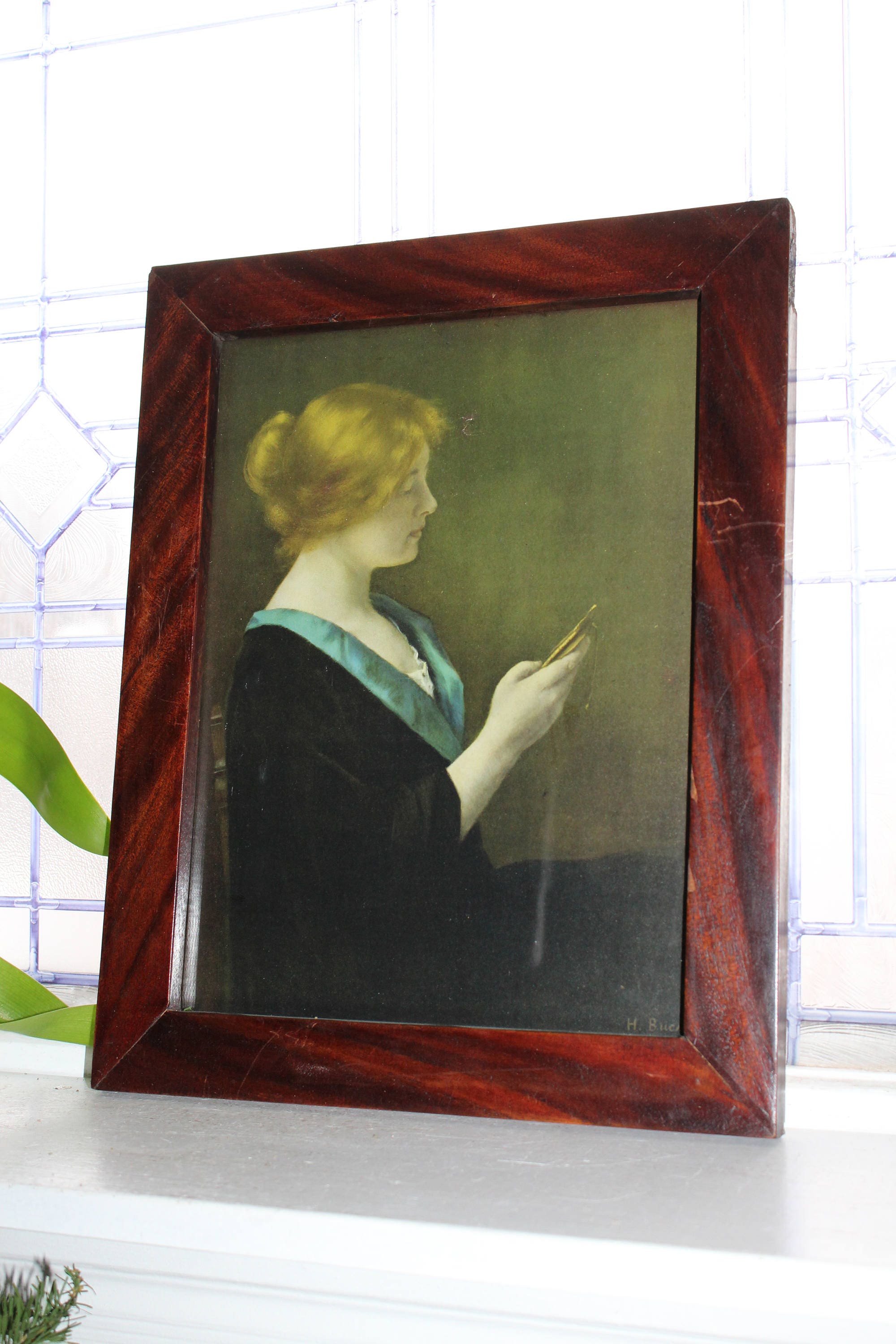 Antique Lithograph Framed Print Woman Reading