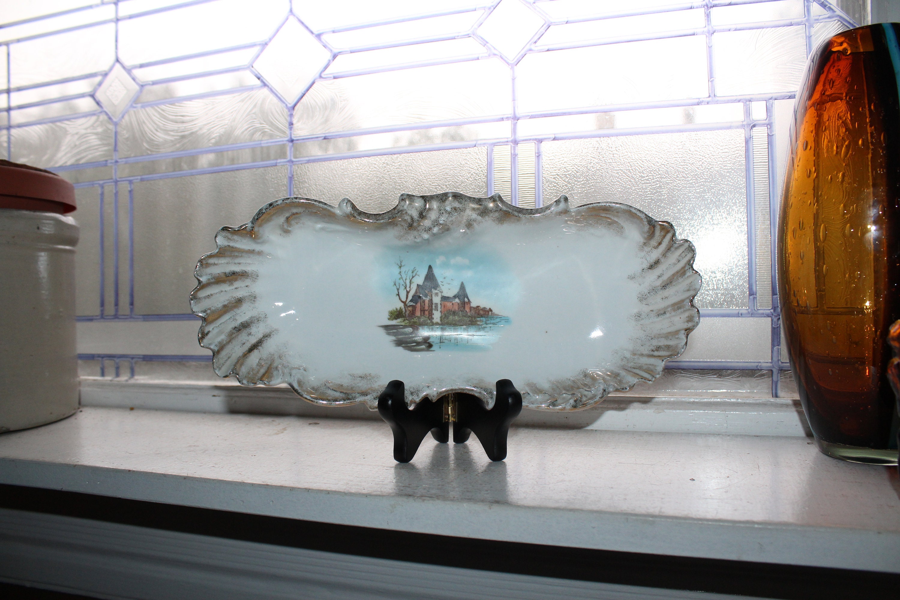 Antique Victorian Celery Dish Candy Dish with Country Manor Scene