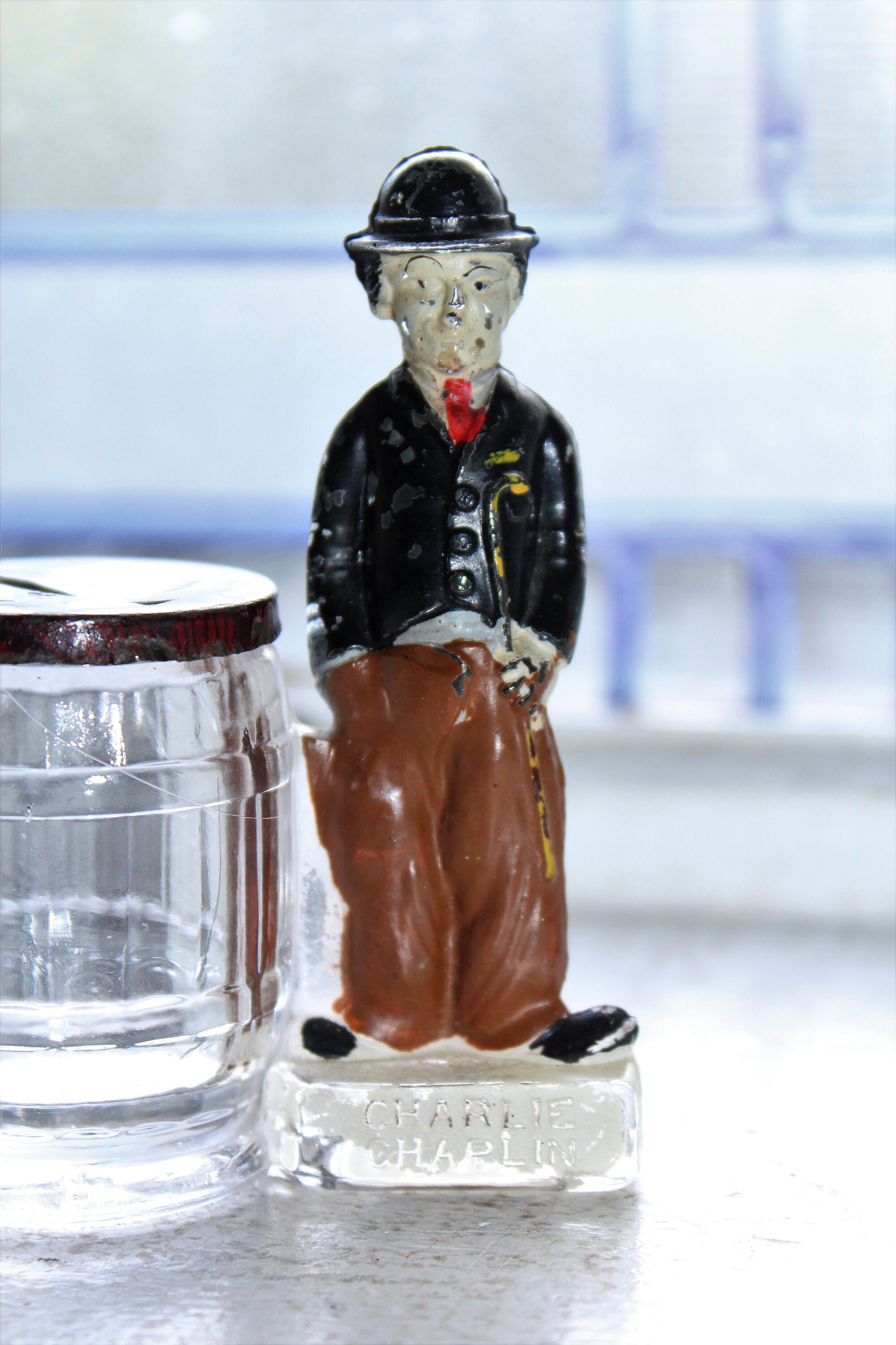 Vintage Glass Charlie Chaplin Candy Container Still Bank 1920s